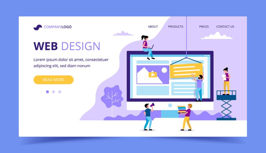 Web design landing page - illustration with small people doing various ...