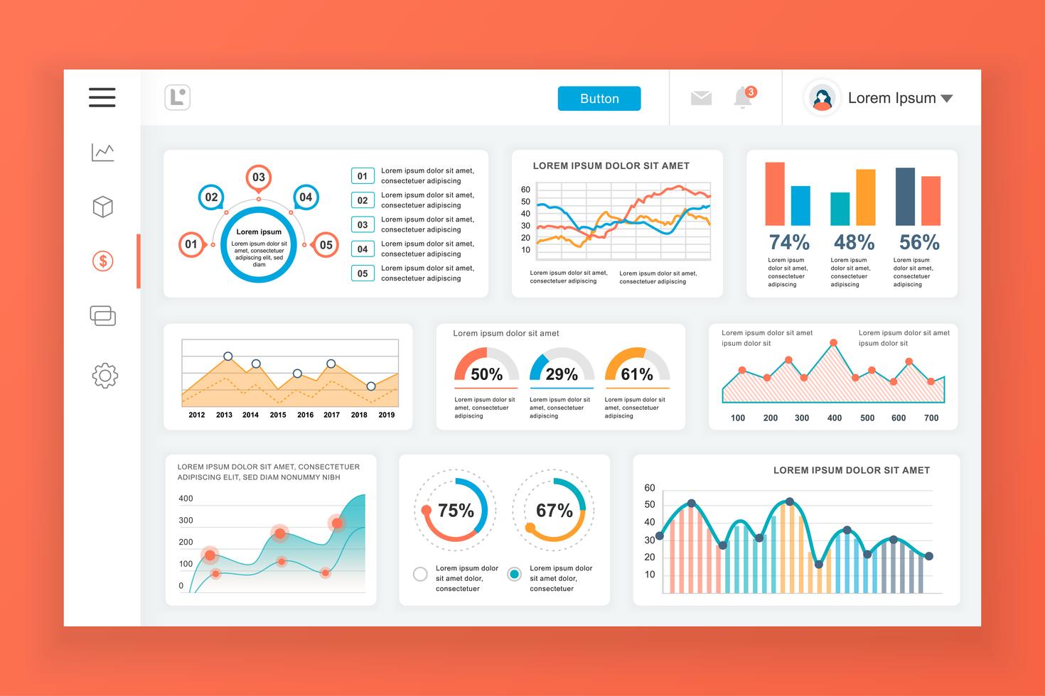 Dashboard admin panel vector design template with infographic elements ...