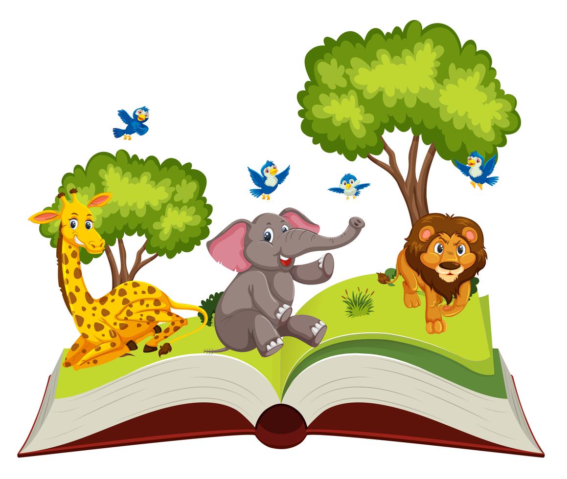 Wild animals on open book 594378 Vector Art at Vecteezy
