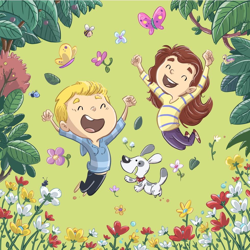 Kids having fun and jumping in spring 628846 Vector Art at Vecteezy