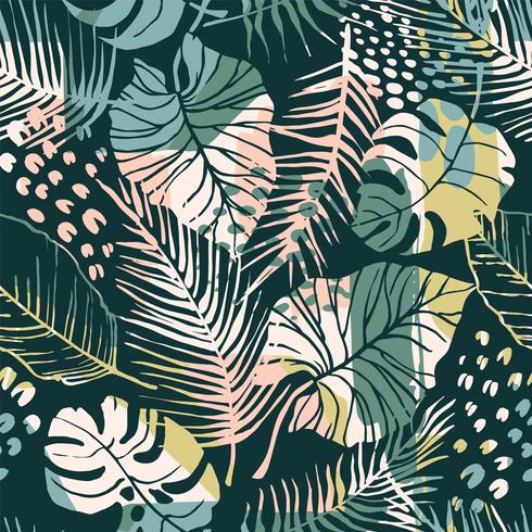 Abstract creative seamless pattern with tropical plants and artistic ...