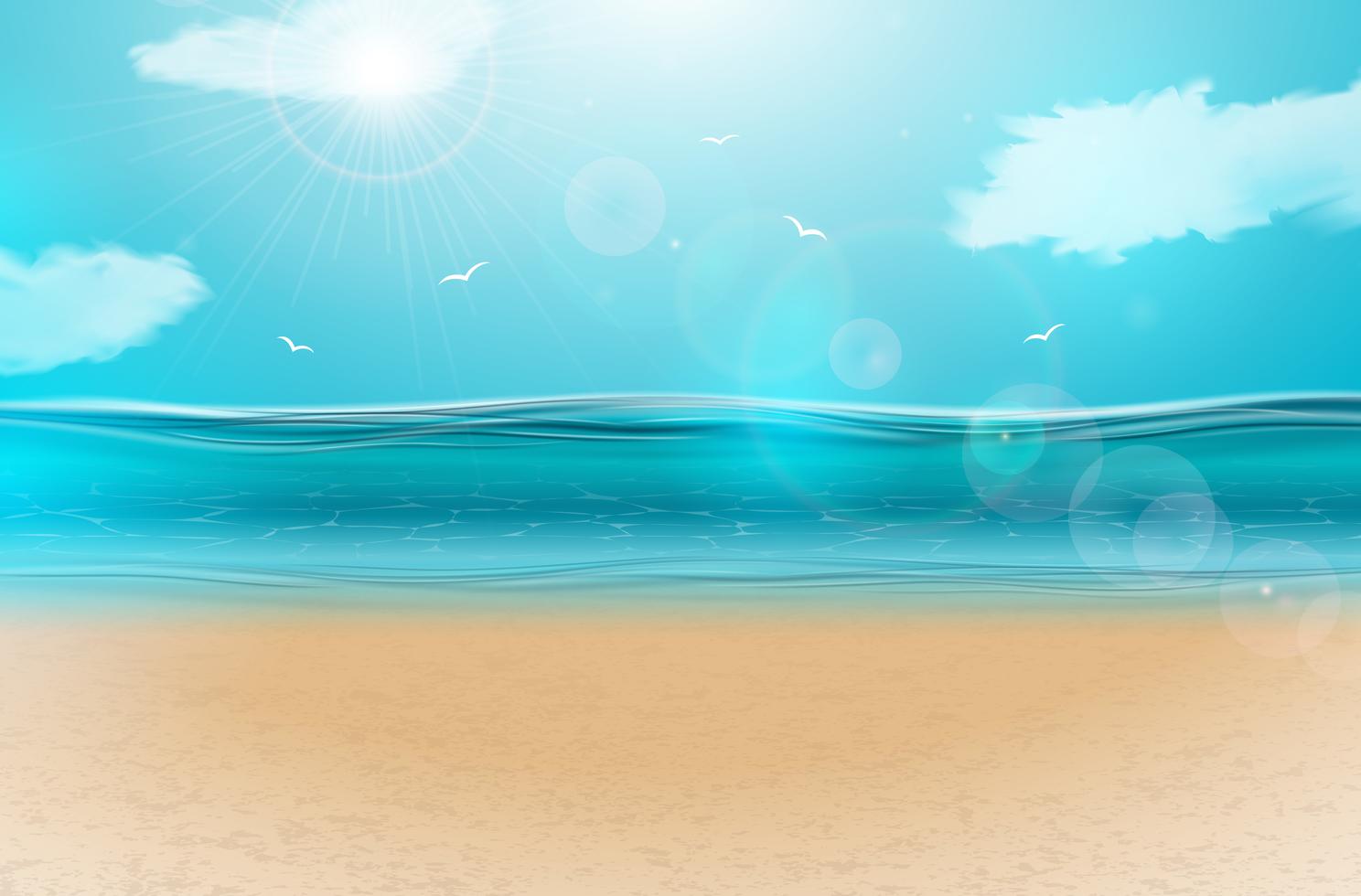 Vector blue ocean landscape background design with cloudy sky. Summer ...