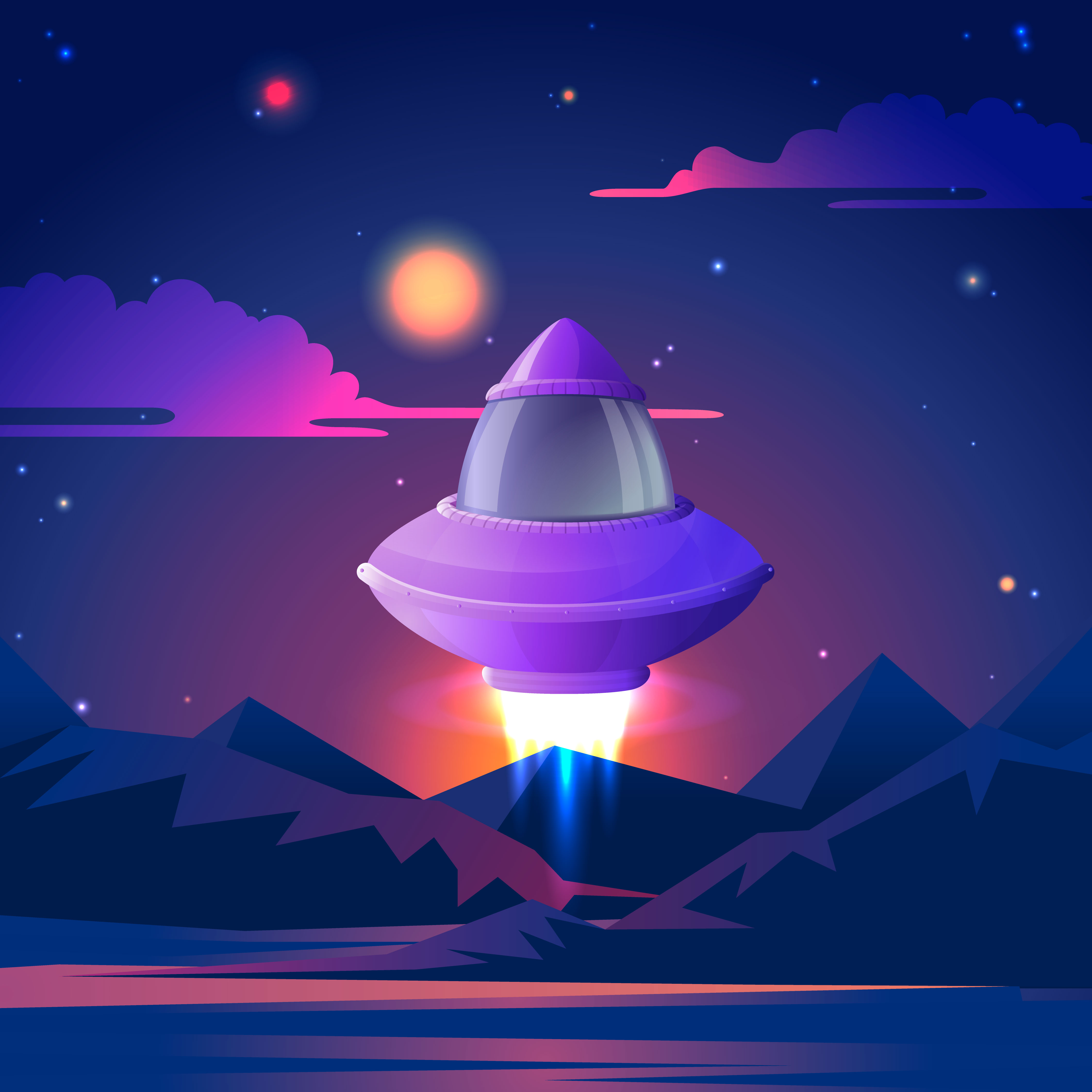 Spaceship starting to flz in the night stars. Vector illustration ...