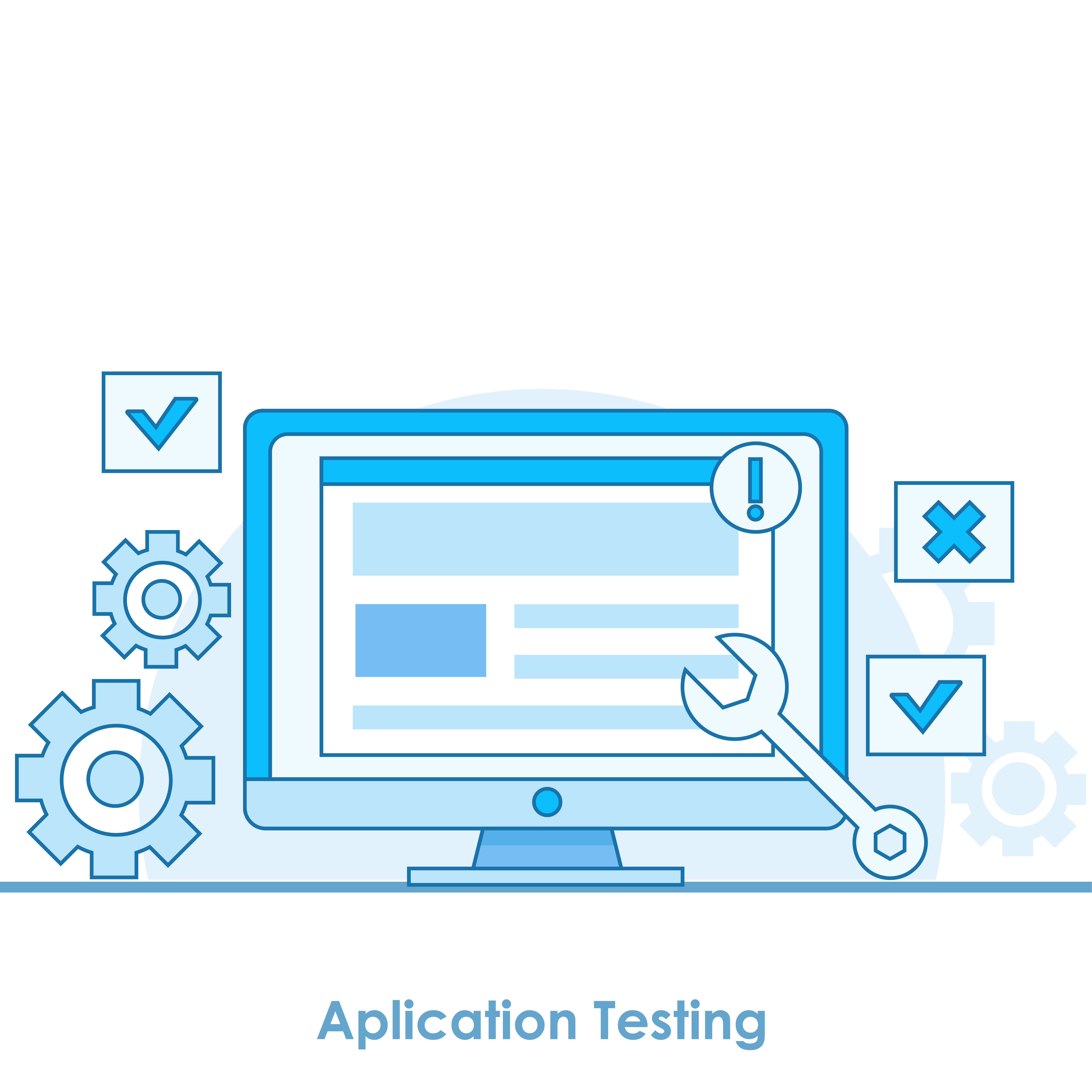 App testing banner. A computer with a test site window and programs ...