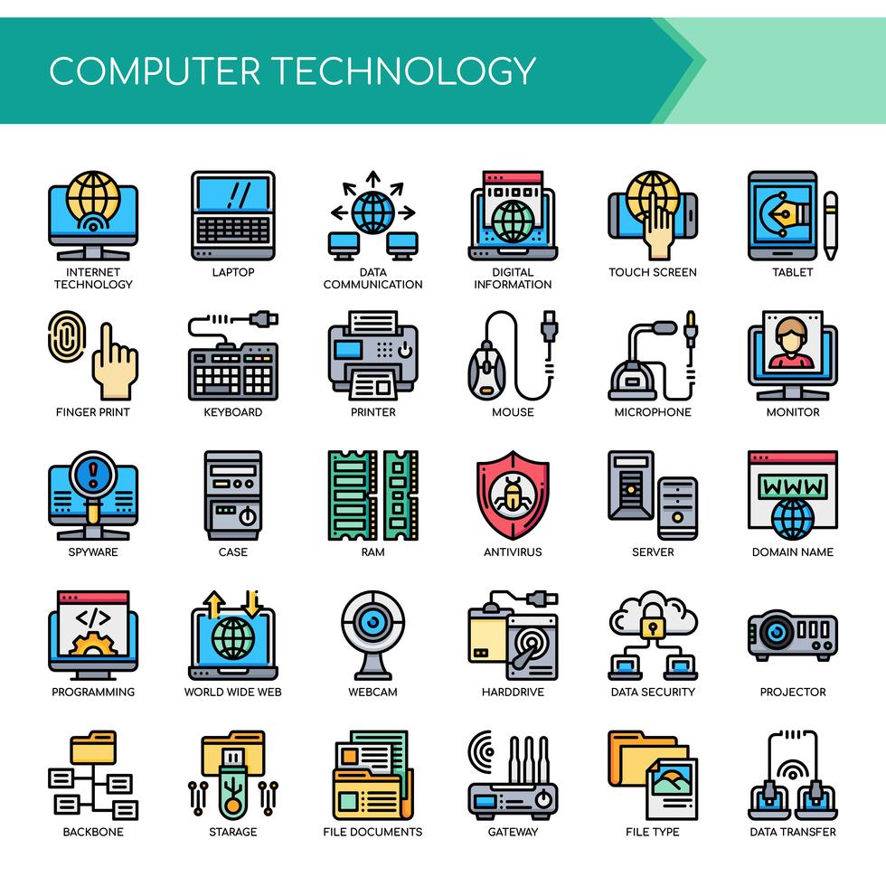 Set of Color Thin Line Computer Technology Icons 667634 Vector Art at ...