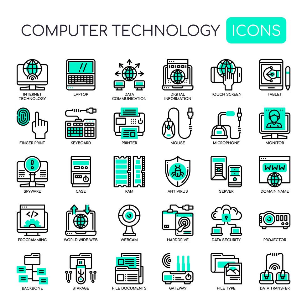 Set of Monochrome Thin Line Computer Technology Icons 667719 Vector Art ...