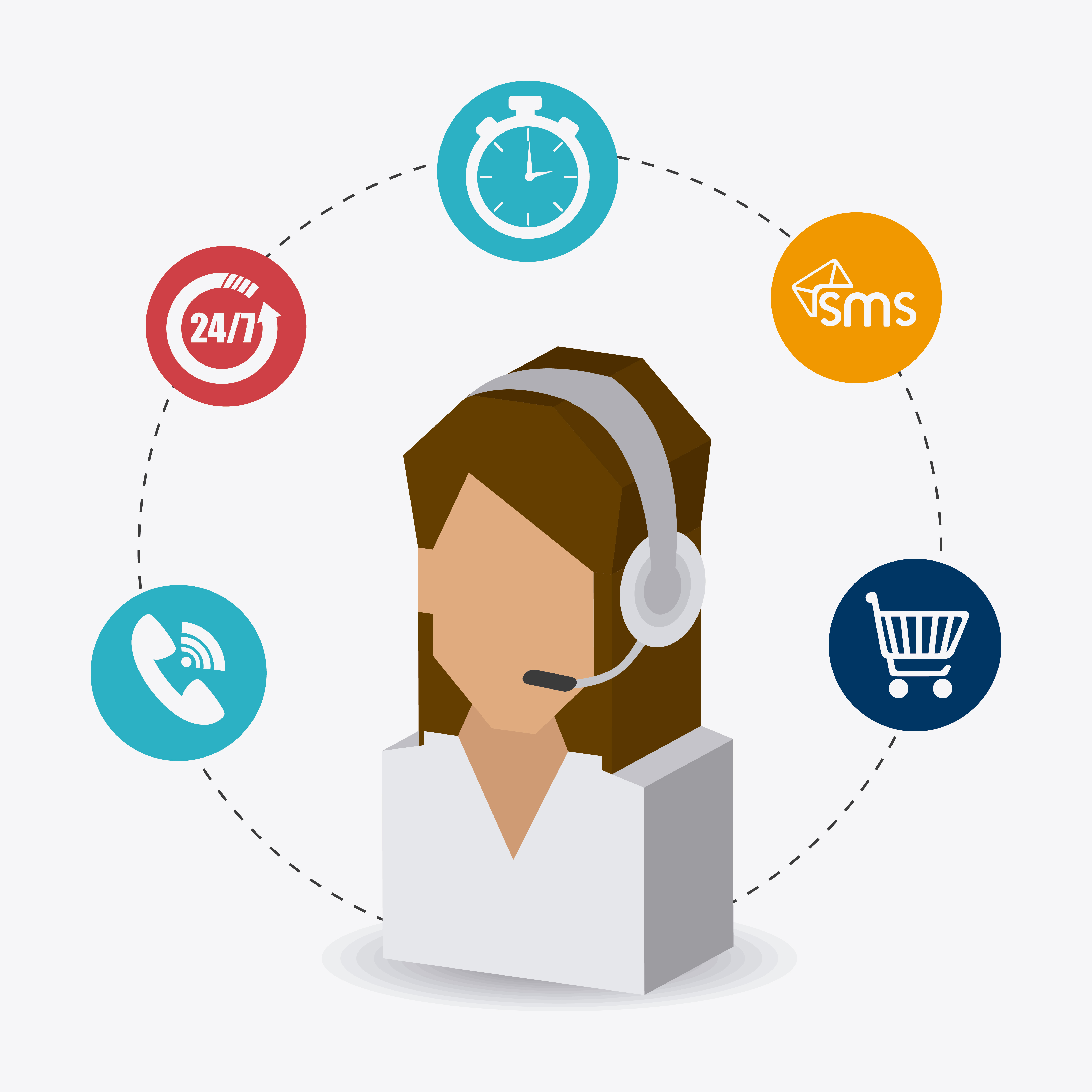 Female Customer service support isometric agent with orbiting icons ... Female Customer service support isometric agent with orbiting icons ...