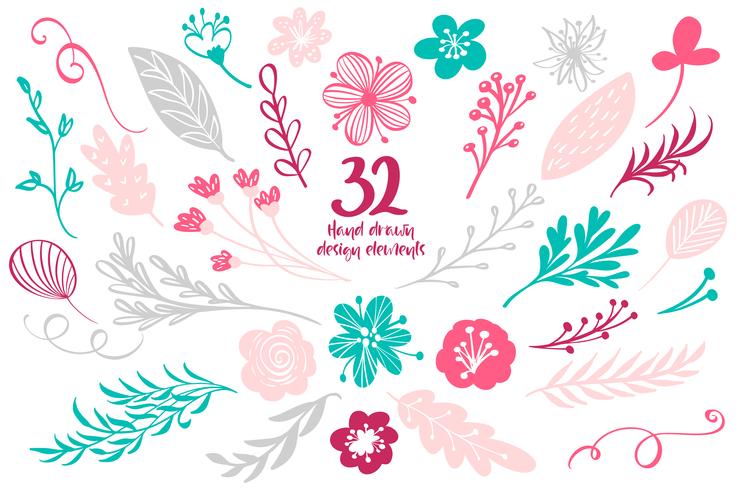 Set of Spring Floral Decor. Vector Elements Collection with Leafs and ...