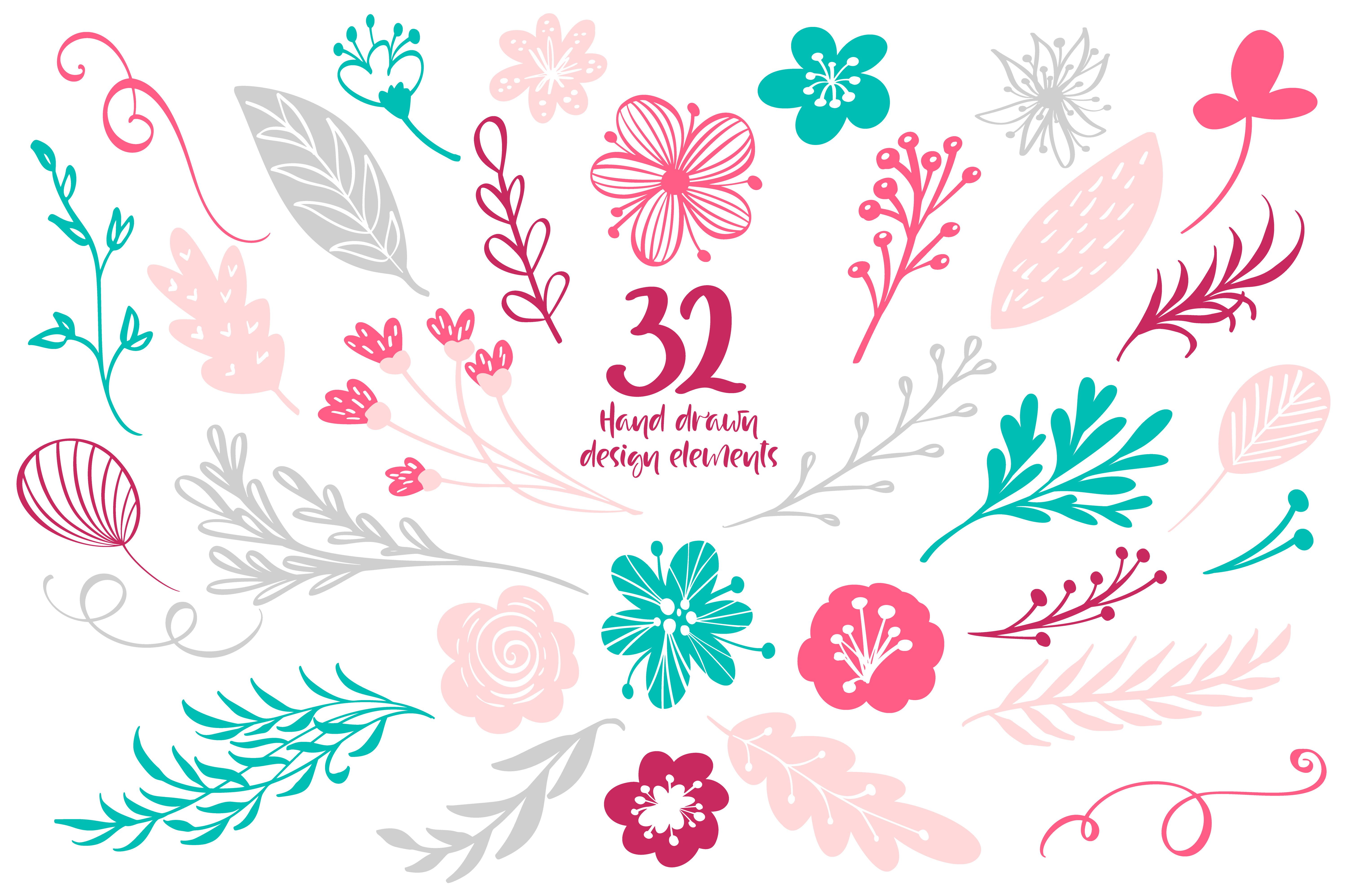 Set of Spring Floral Decor. Vector Elements Collection with Leafs and ...
