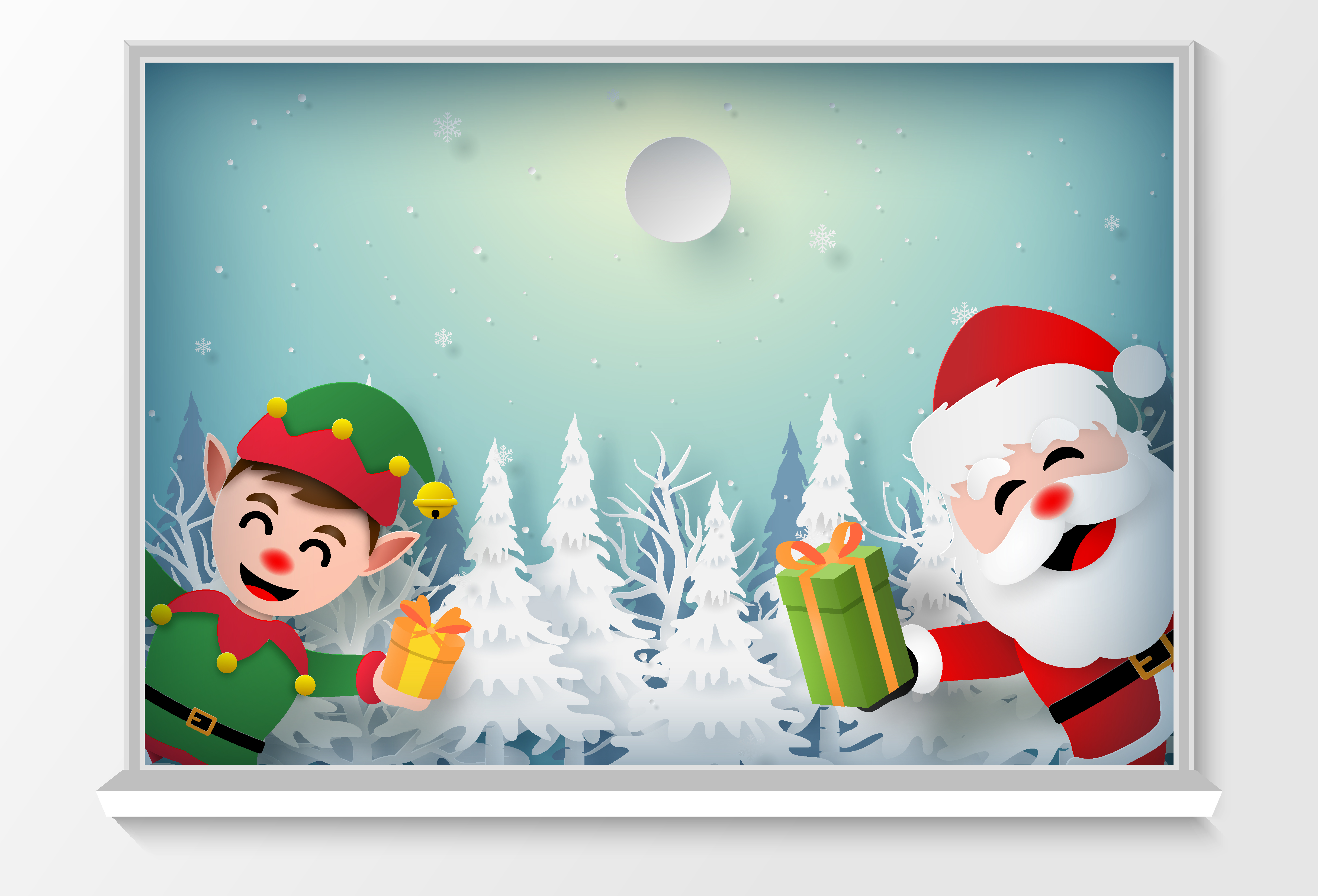 Santa Claus and Elf at the window to give a gift 673392 Vector Art at ...