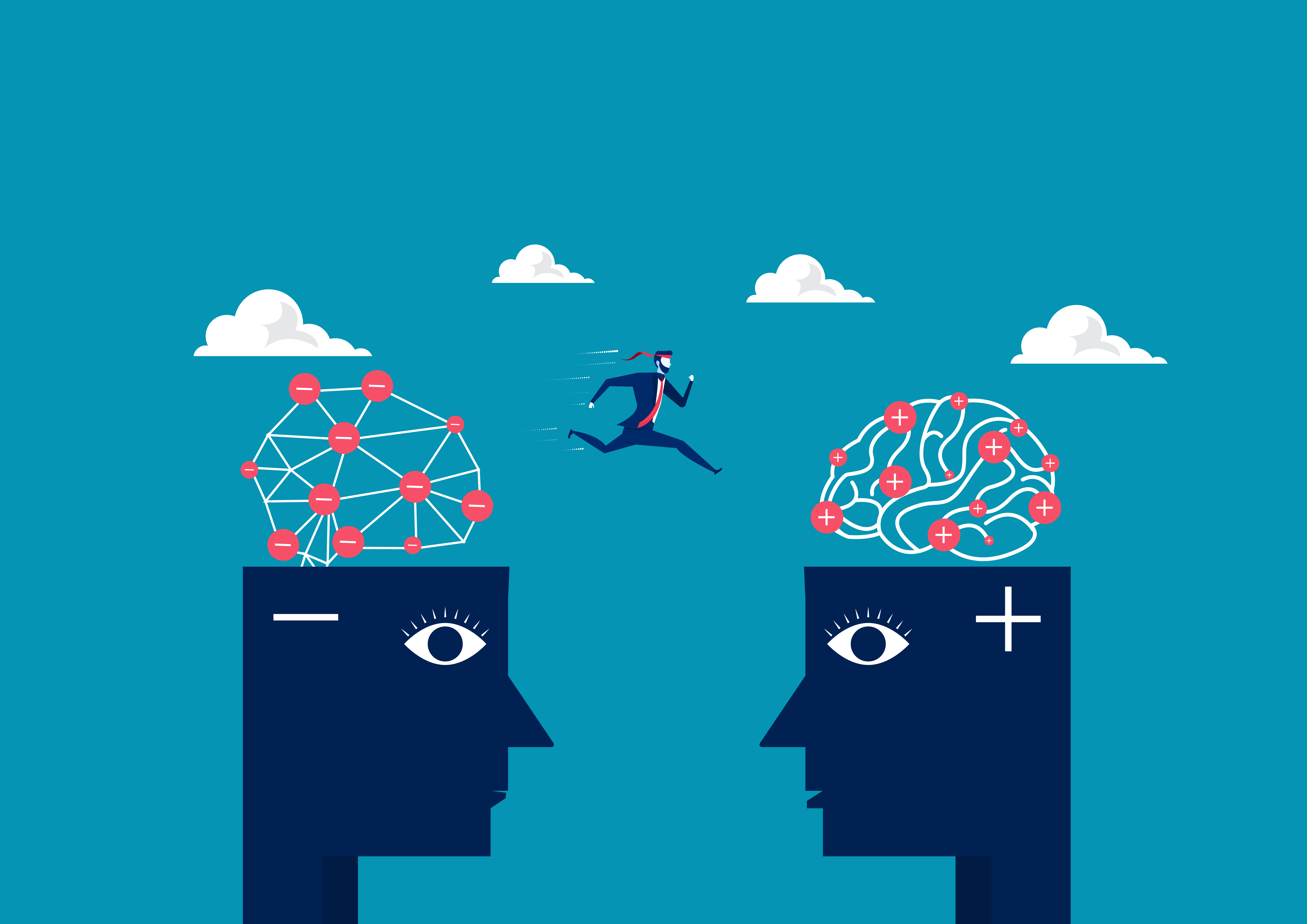 business man jumping between negative head to positive thinking head ... business man jumping between negative head to positive thinking head ...