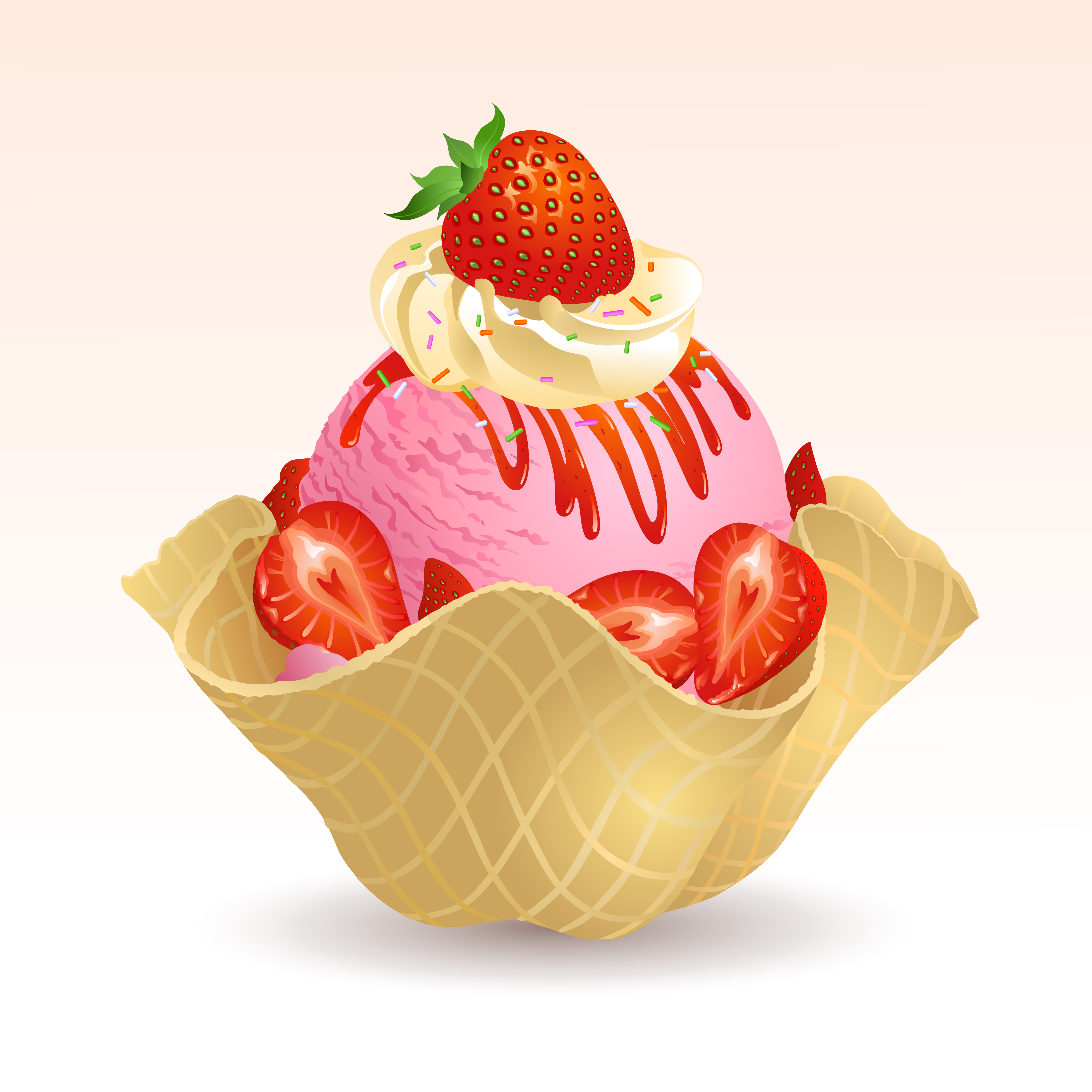 Strawberry Ice Cream With Waffle Basket 677152 Vector Art At Vecteezy