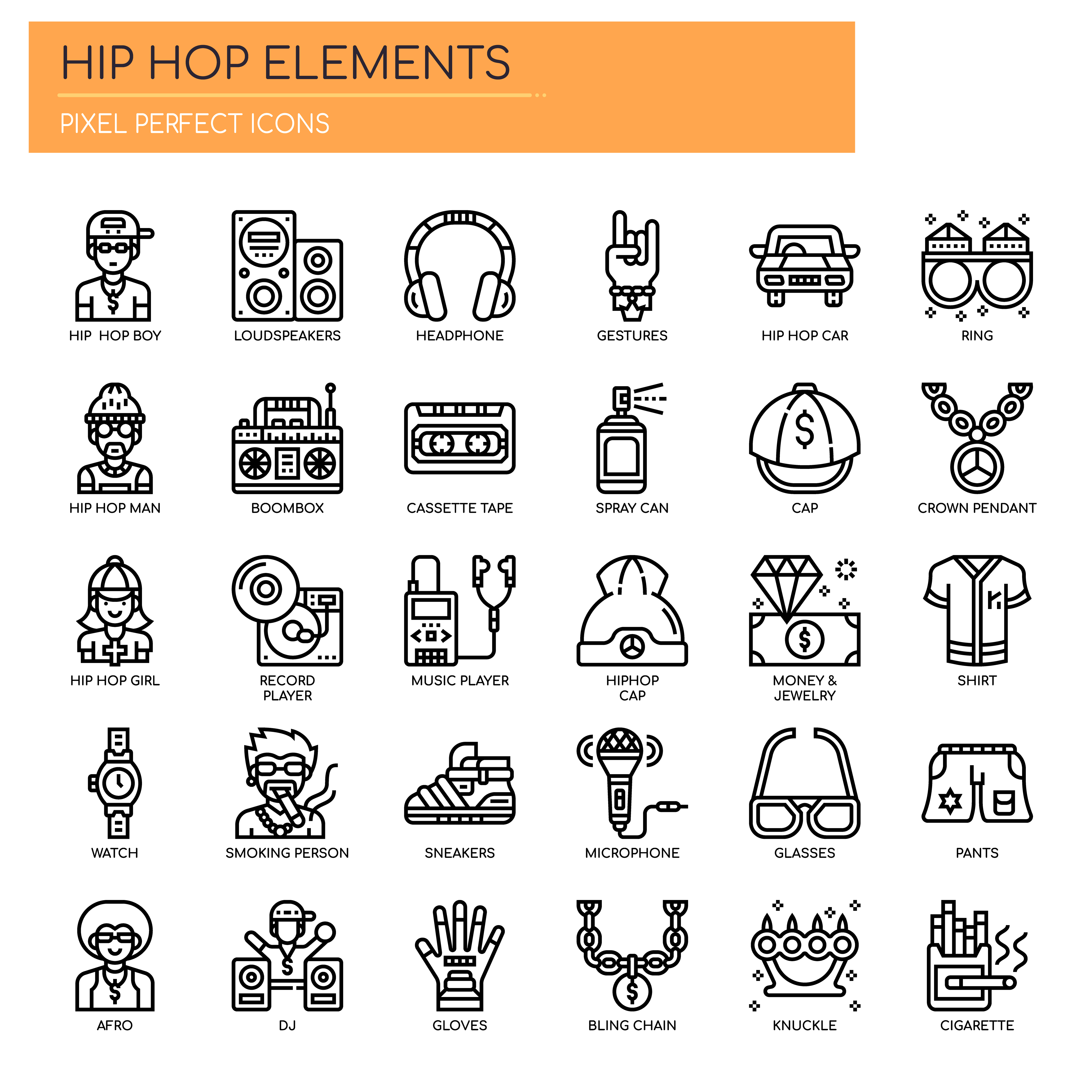 Hip Hop Elements , Thin Line and Pixel Perfect Icons 681003 Vector Art ...