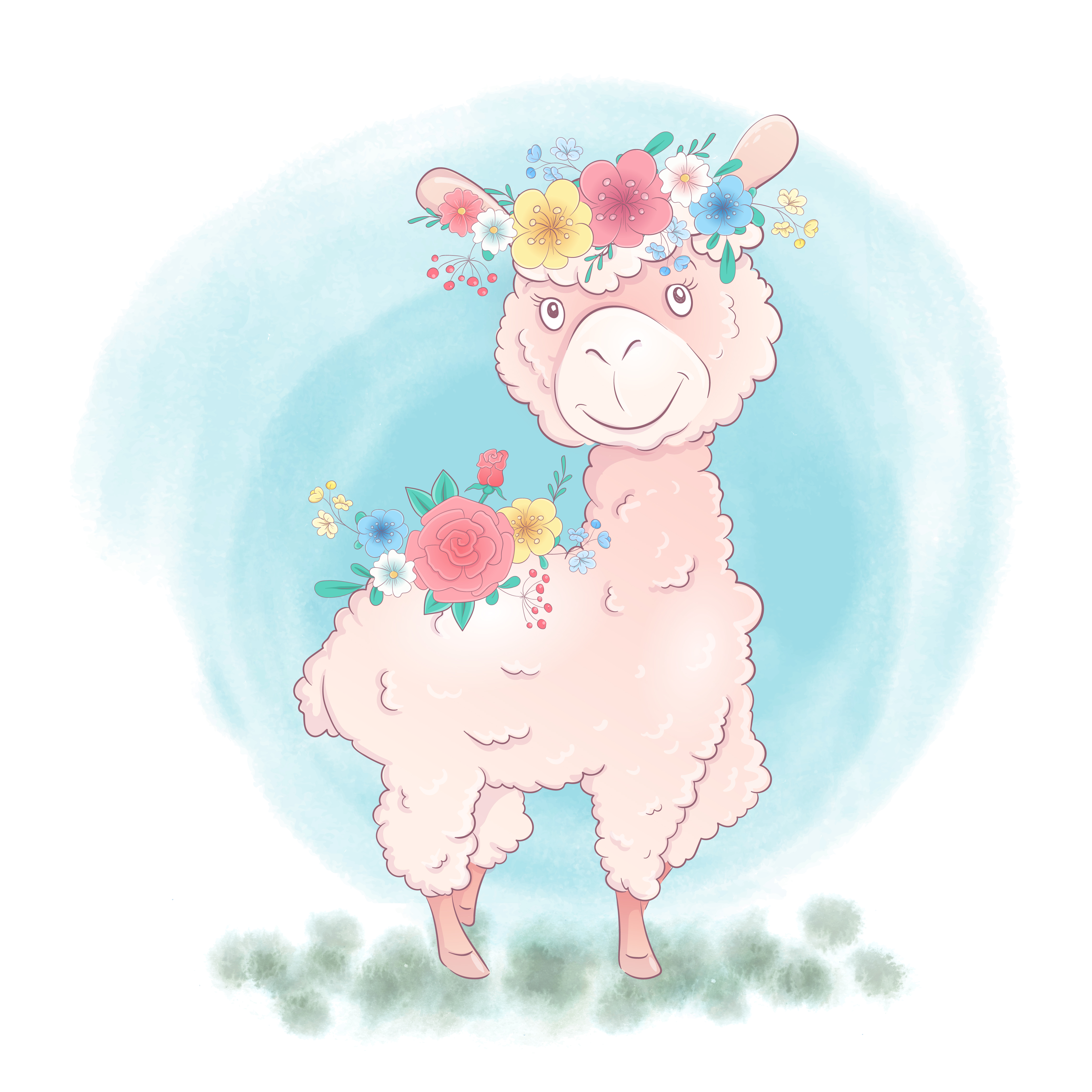 Llama de dibujos animados en una corona de flores y con ramos de flores ...