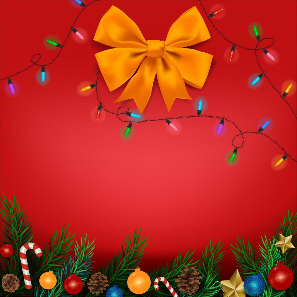 Christmas Tree Branches With Ornaments On Red Background With Bow And Lights 692544 Vector Art