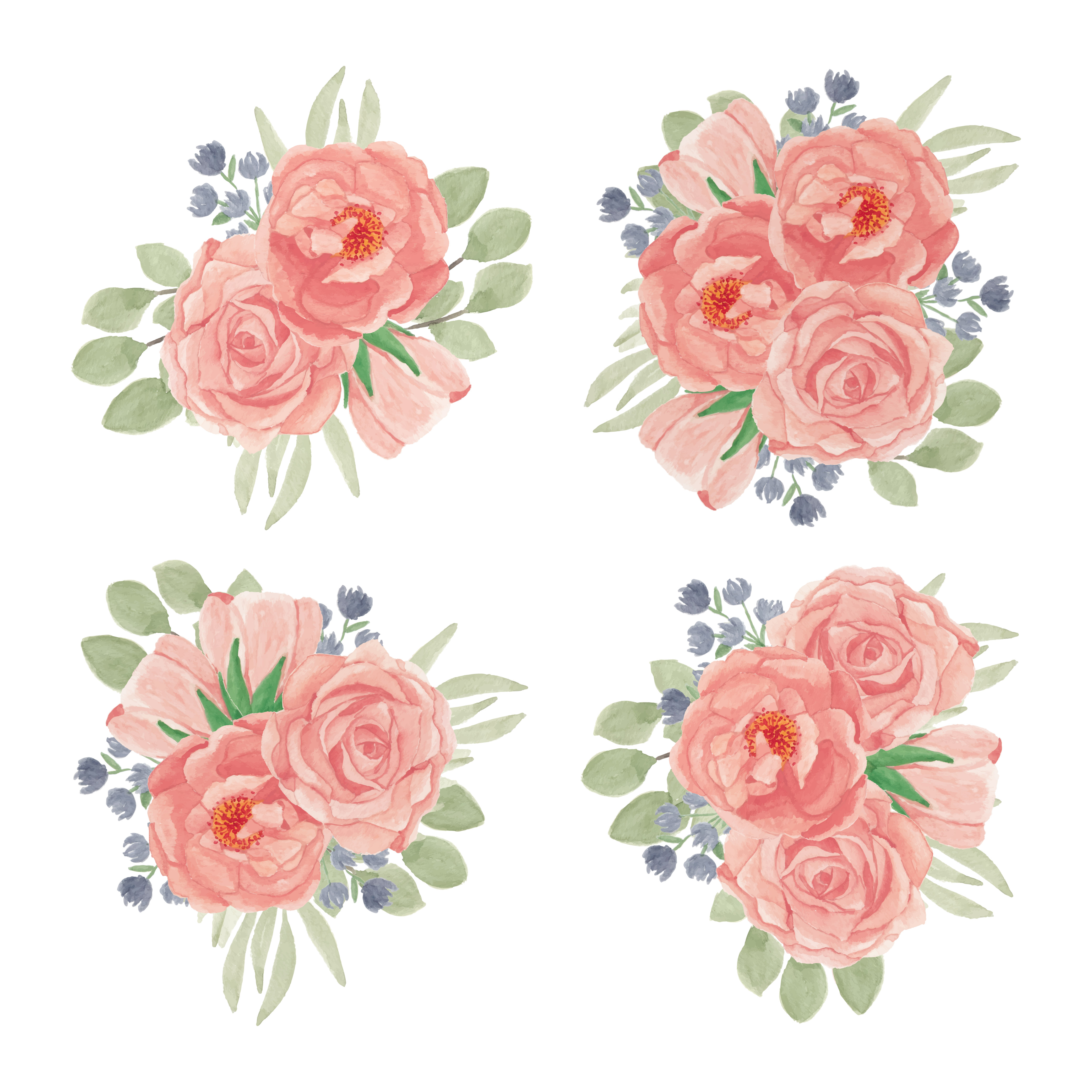 Peach Rose Flower Bouquet Collection In Watercolor Style Set 962758