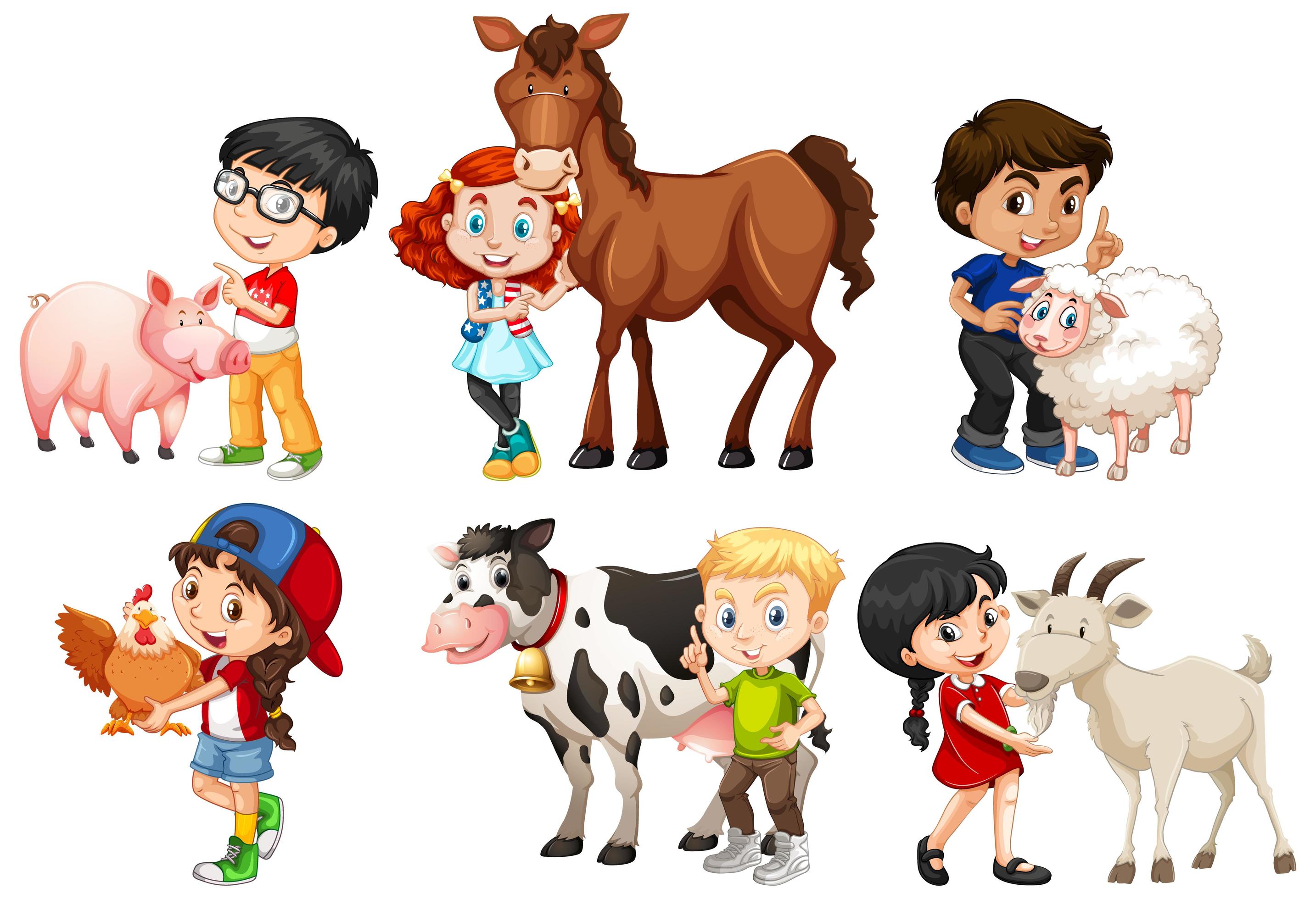 Happy children with farm animals 1114648 Vector Art at Vecteezy