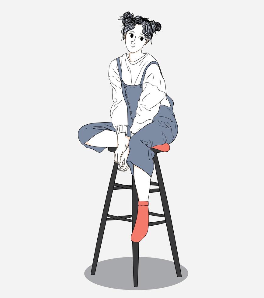 Hand Drawn Happy Woman Sitting On Stool 1181322 Vector Art At Vecteezy
