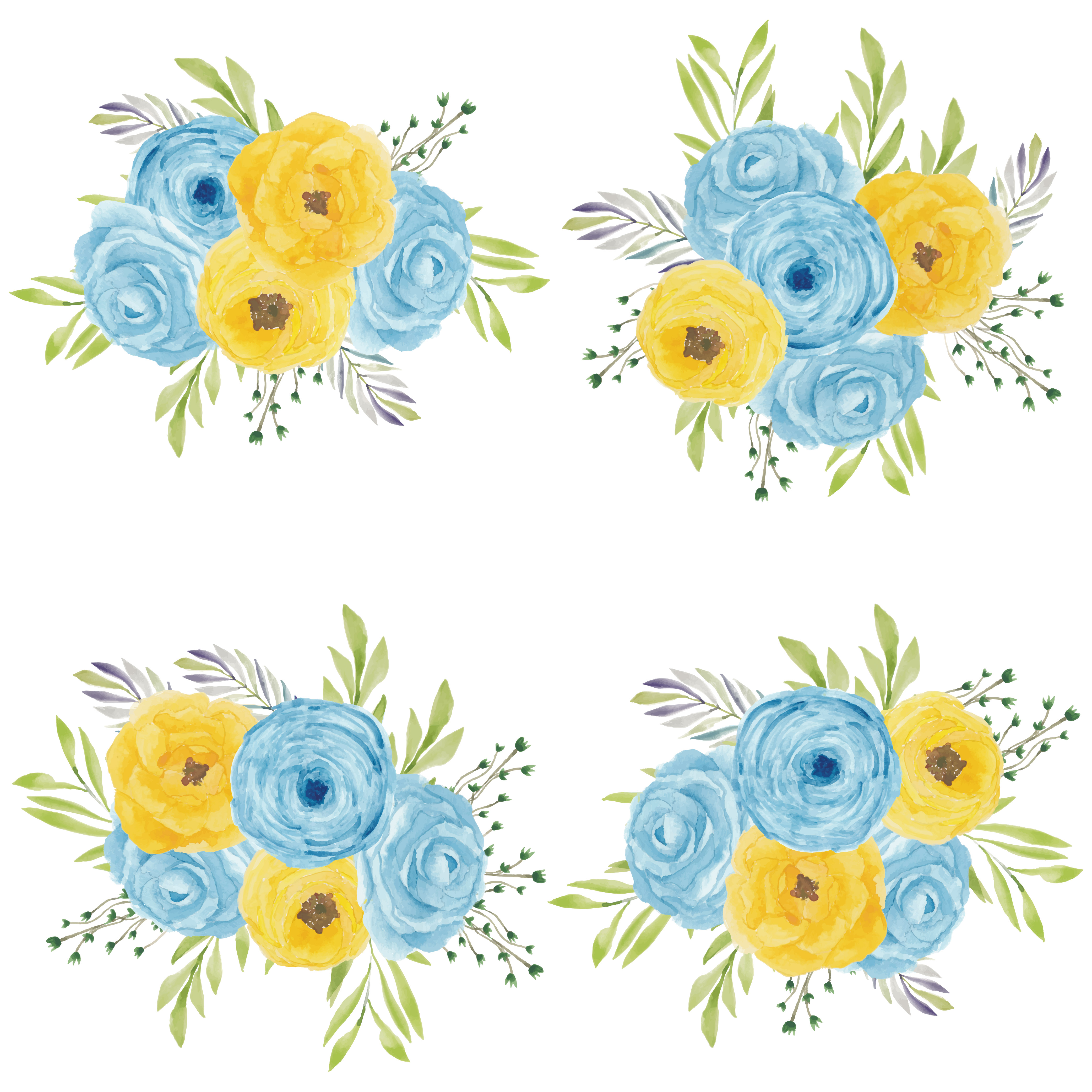 Watercolor Blue Yellow Rose Floral Arrangement Set 1183386 Vector Art