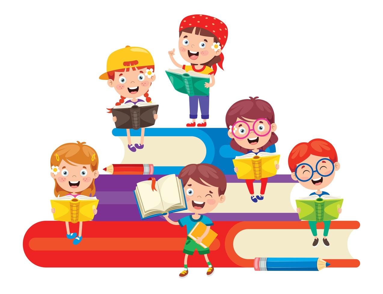 School Children Reading on Pile of Big Books 1219721 Vector Art at Vecteezy