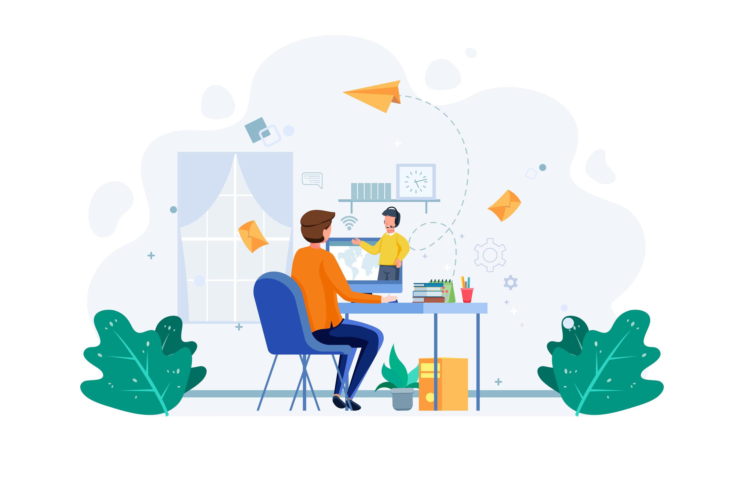 Student hearing tutor through the computer 1233726 Vector Art at Vecteezy