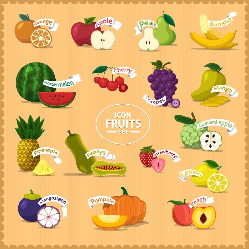 conjunto de frutas y nombres. 1308455 Vector en Vecteezy