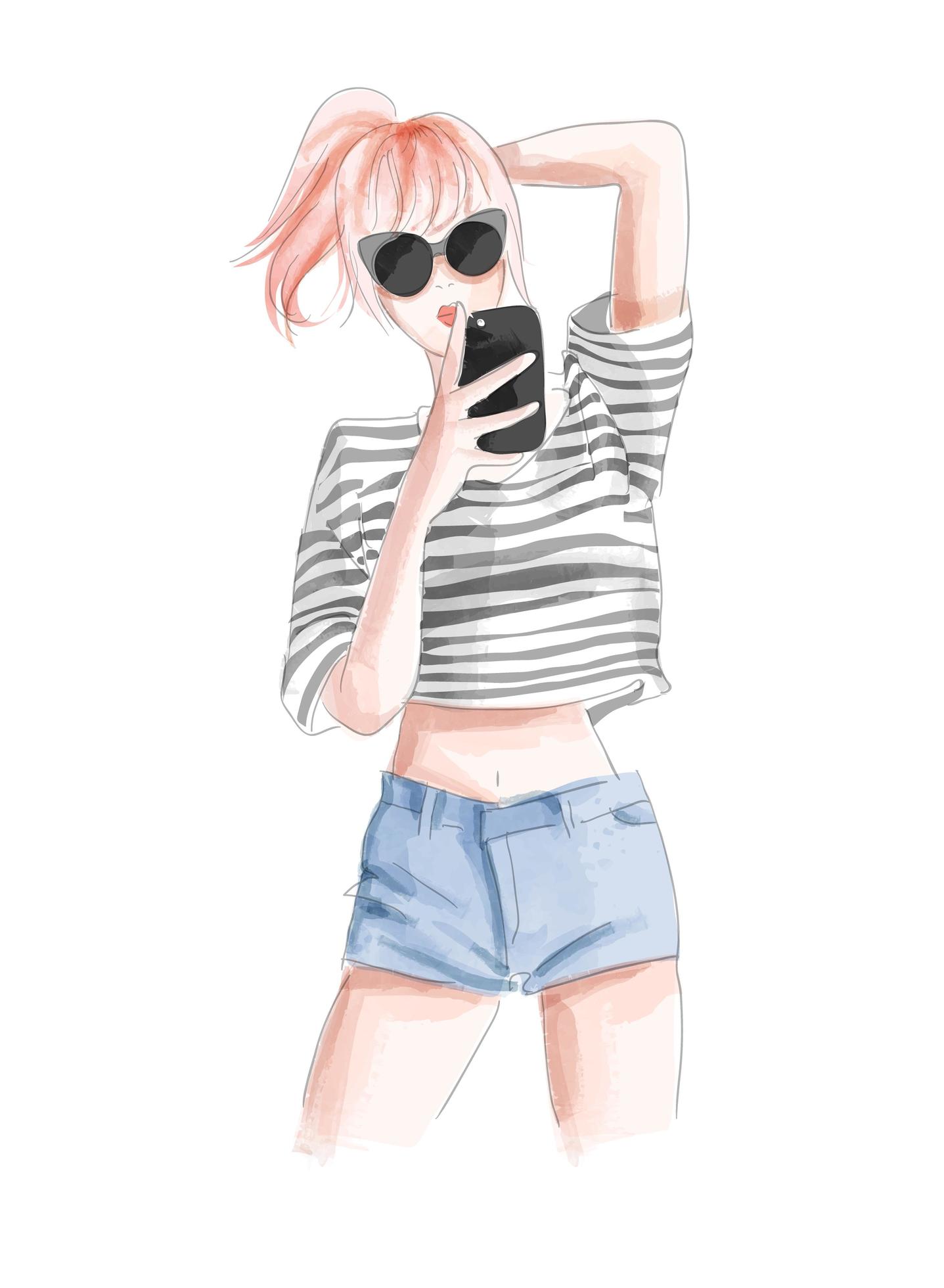 Cute Girl Taking Selfie Cartoon In Watercolor Style 1330459 Vector Art