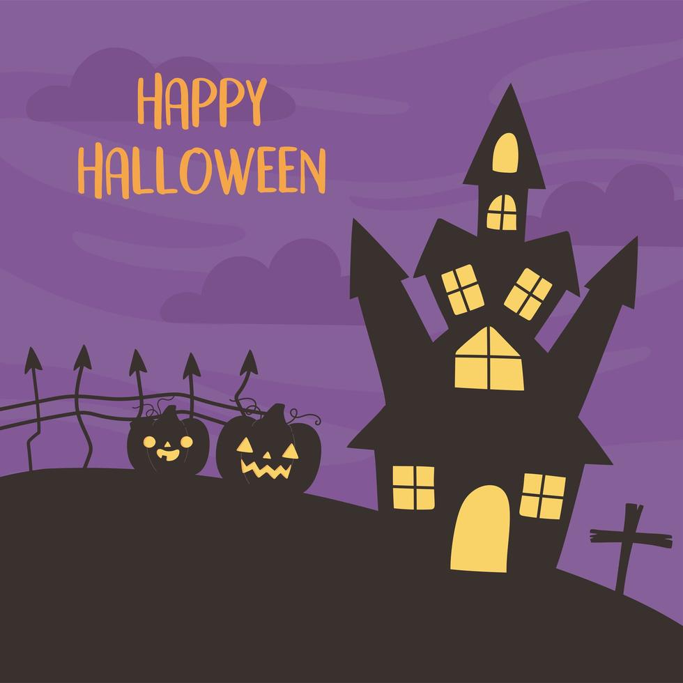 Happy halloween greeting with haunted house 1372937 Vector Art at Vecteezy