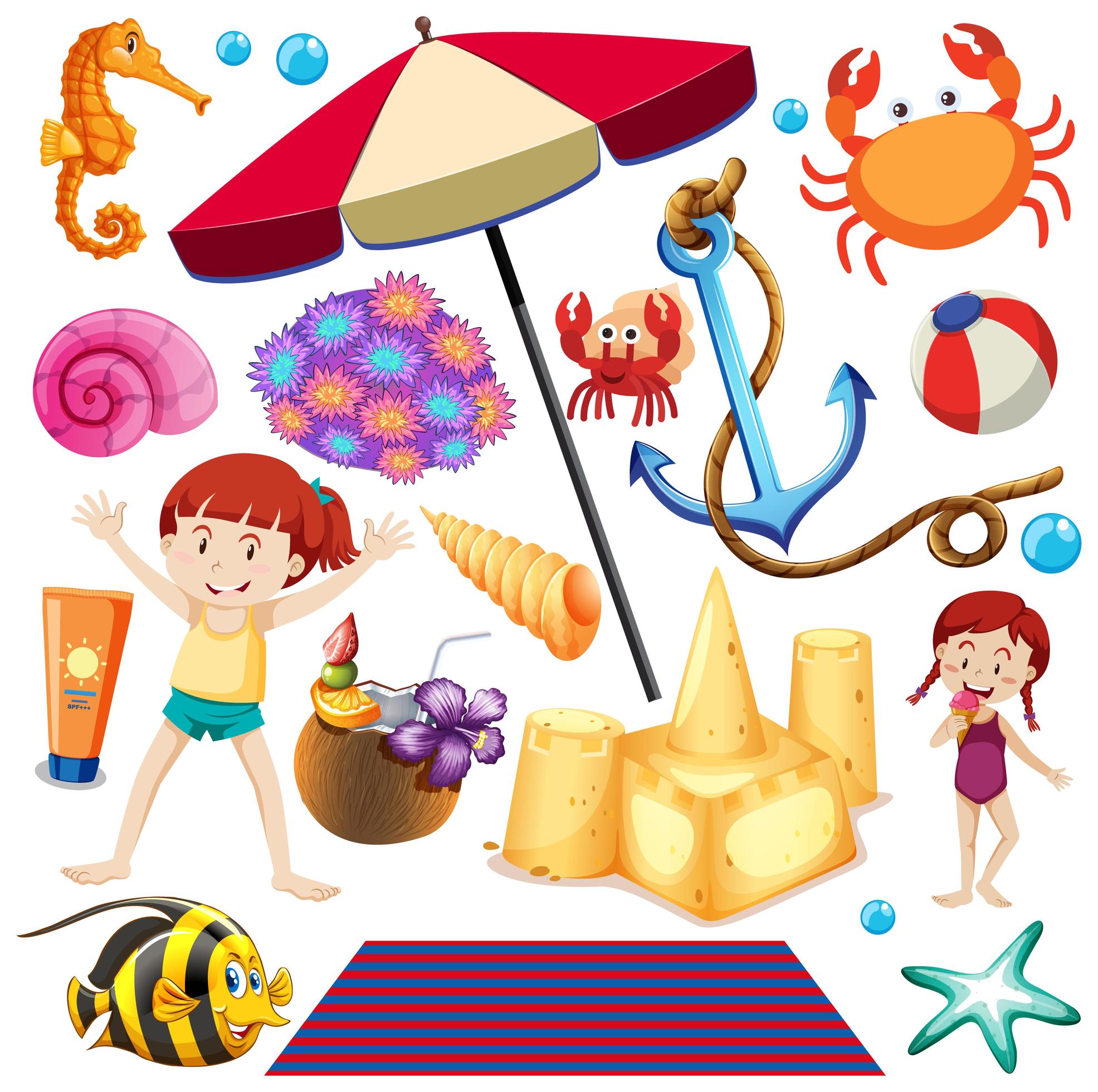 Set of summer beach objects 1432386 Vector Art at Vecteezy