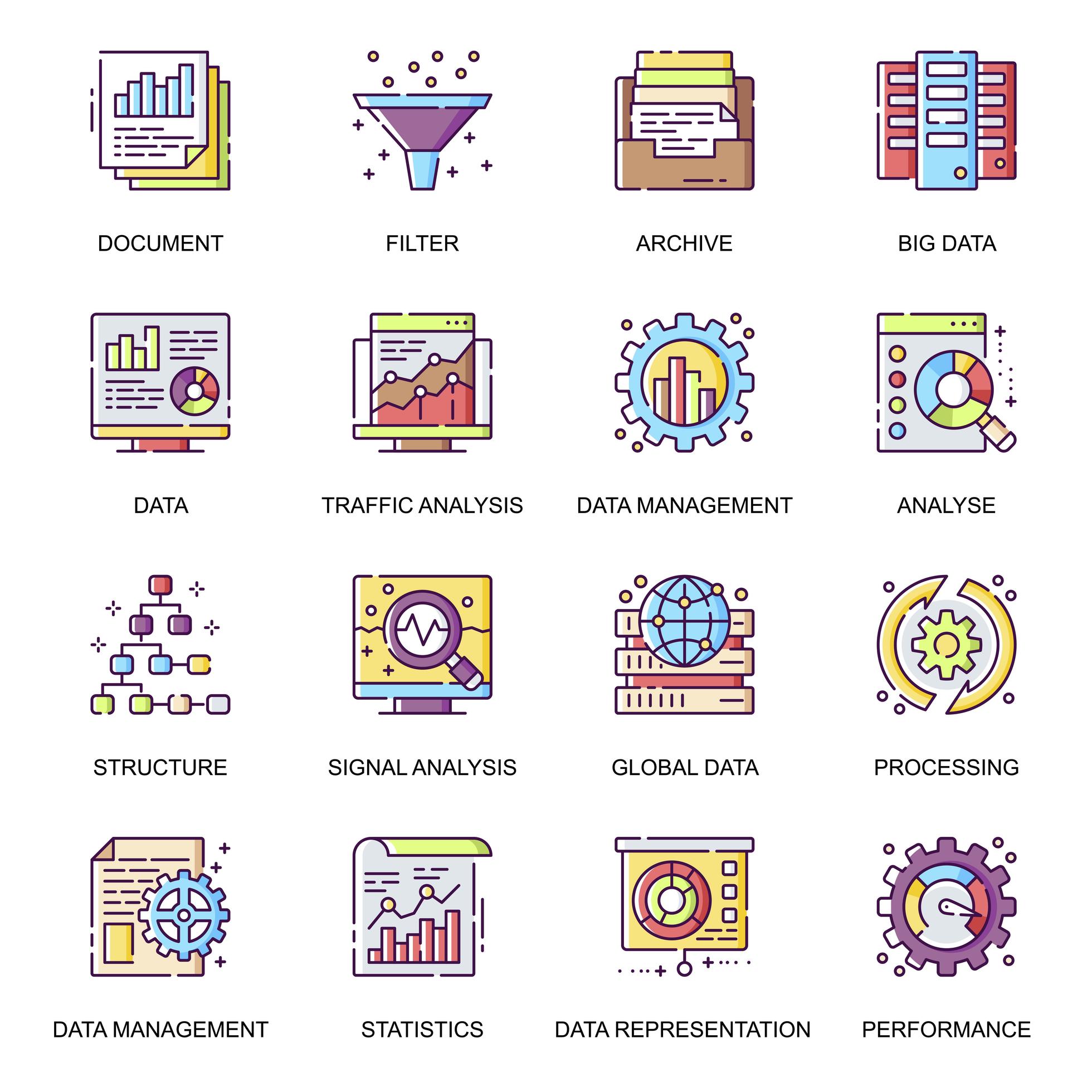 Data analysis flat icons set. 1446966 Vector Art at Vecteezy