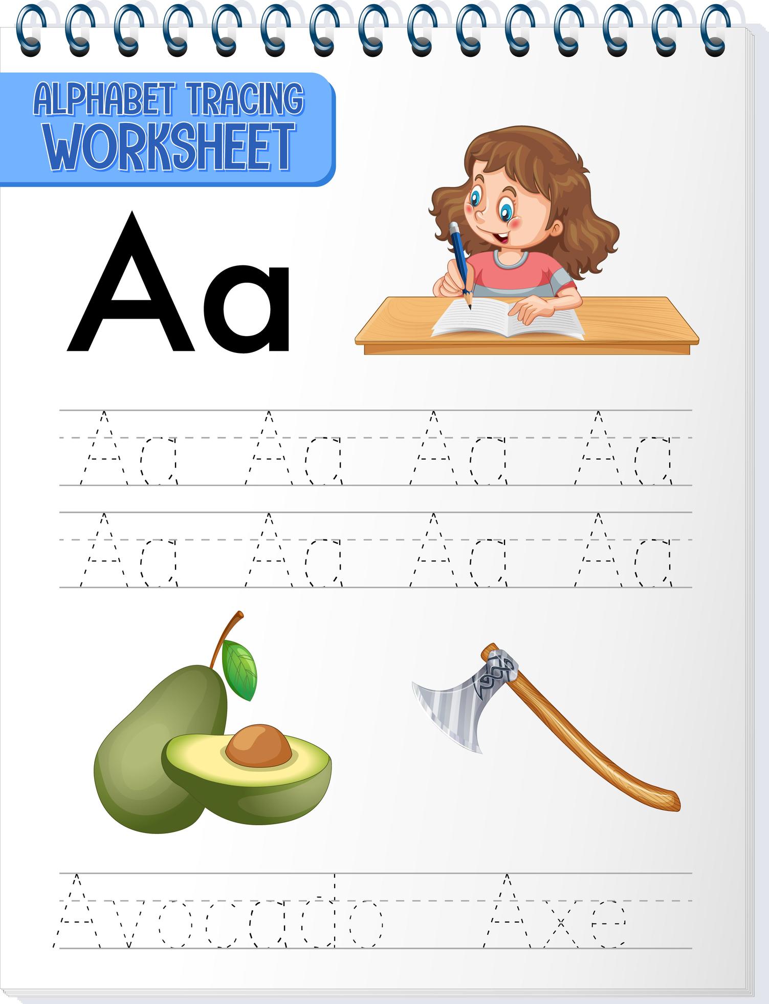 Alphabet tracing worksheet with letter and vocabulary 1482149 Vector ...