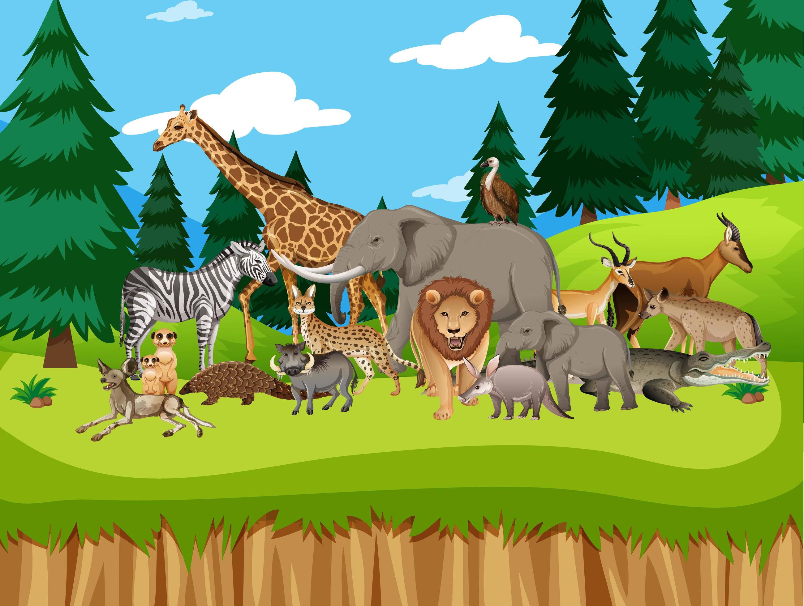 Group of wild african animal in the forest scene 1591339 Vector Art at ...