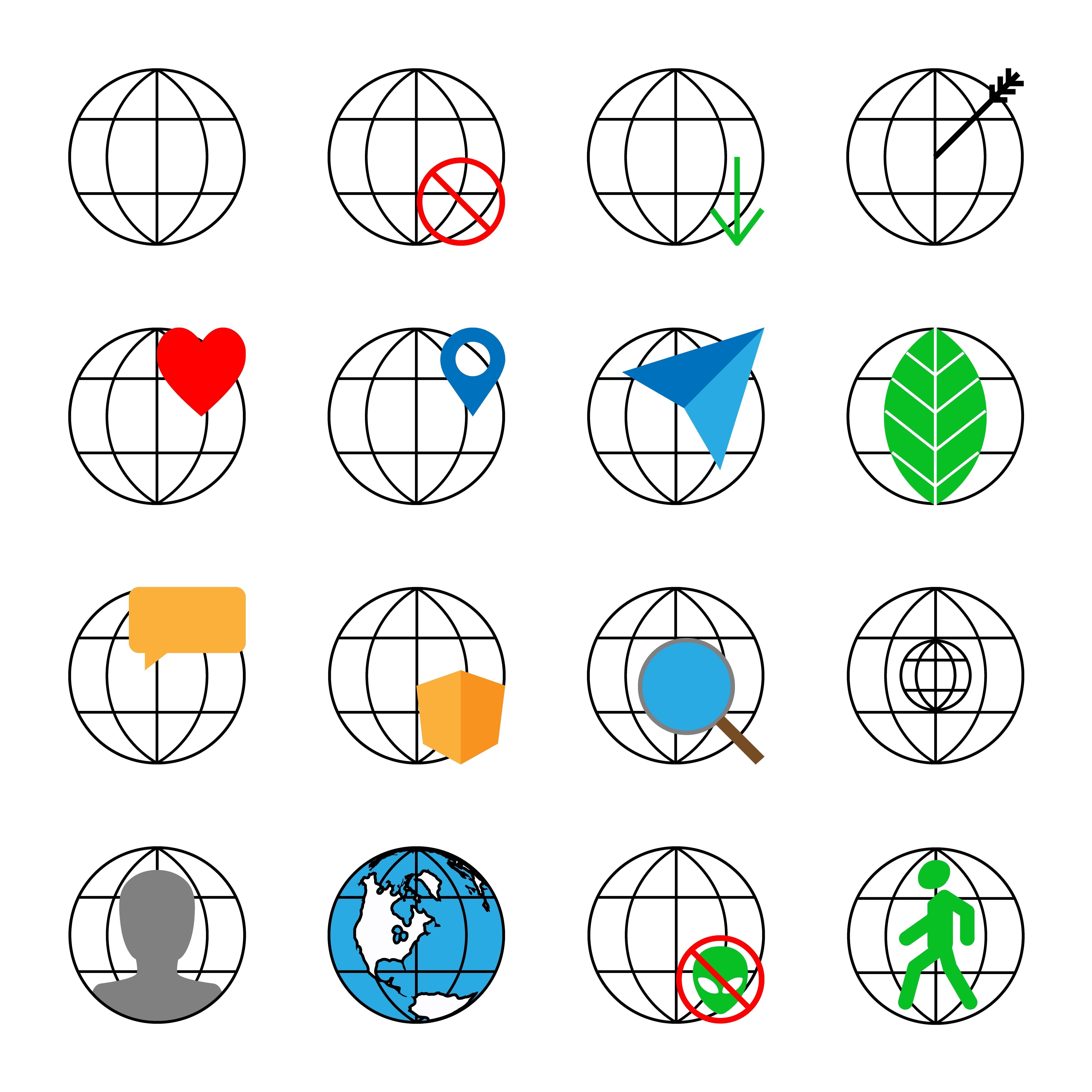 Set of 16 icons with a globe 1635150 Vector Art at Vecteezy
