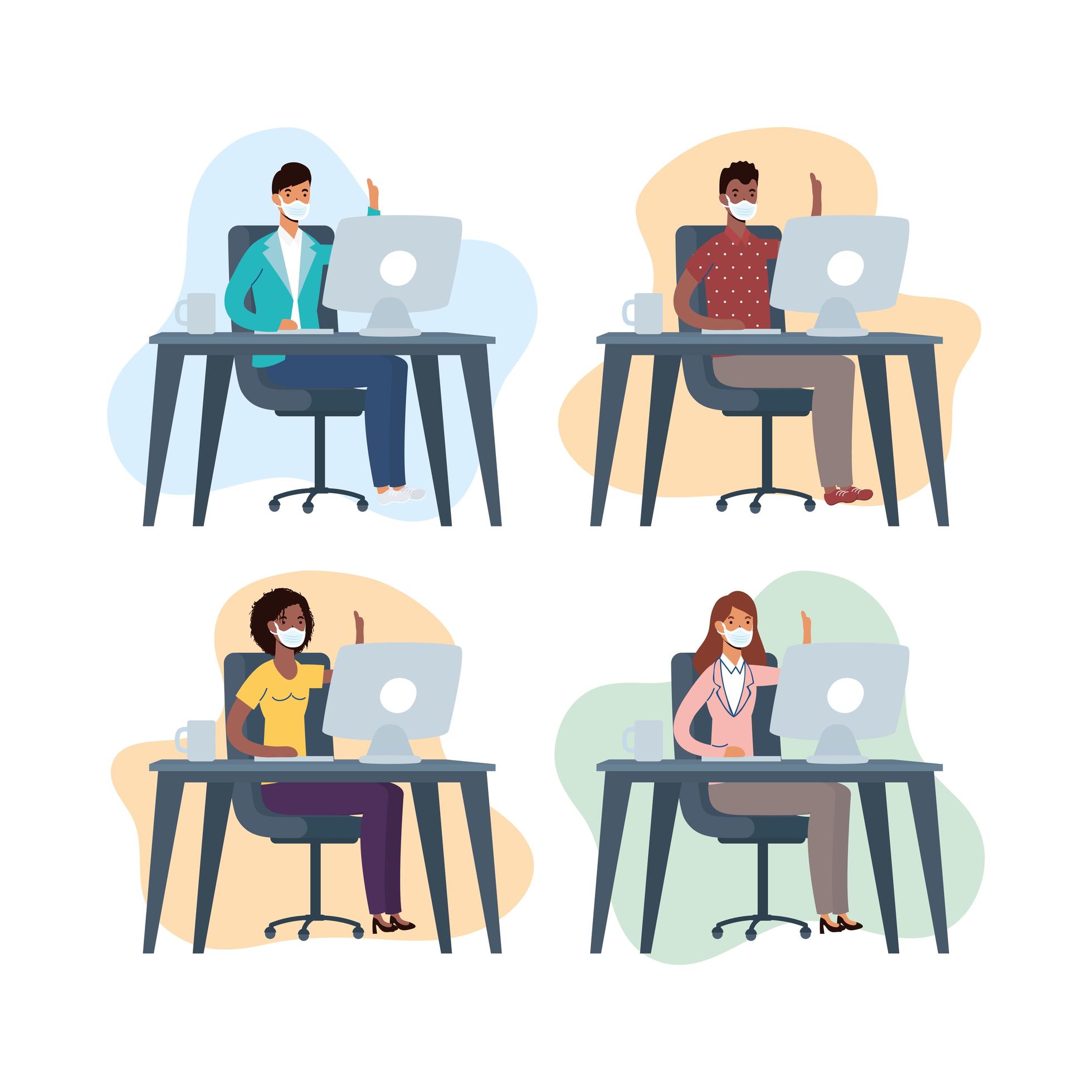 People working on the computer with face masks 1664559 Vector Art at ...