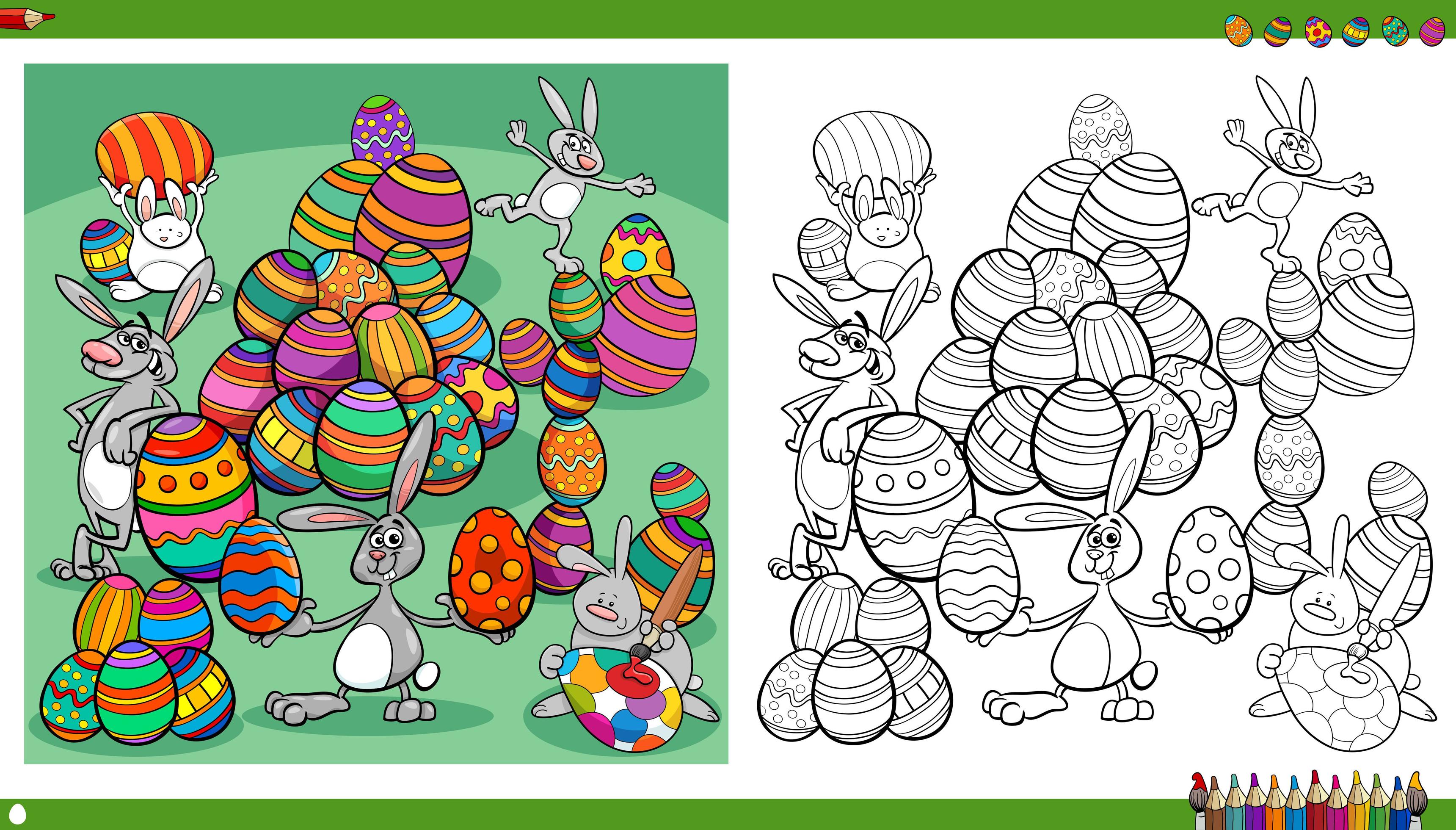 Easter bunnies with color eggs coloring book page 1777615 Vector Art at ...