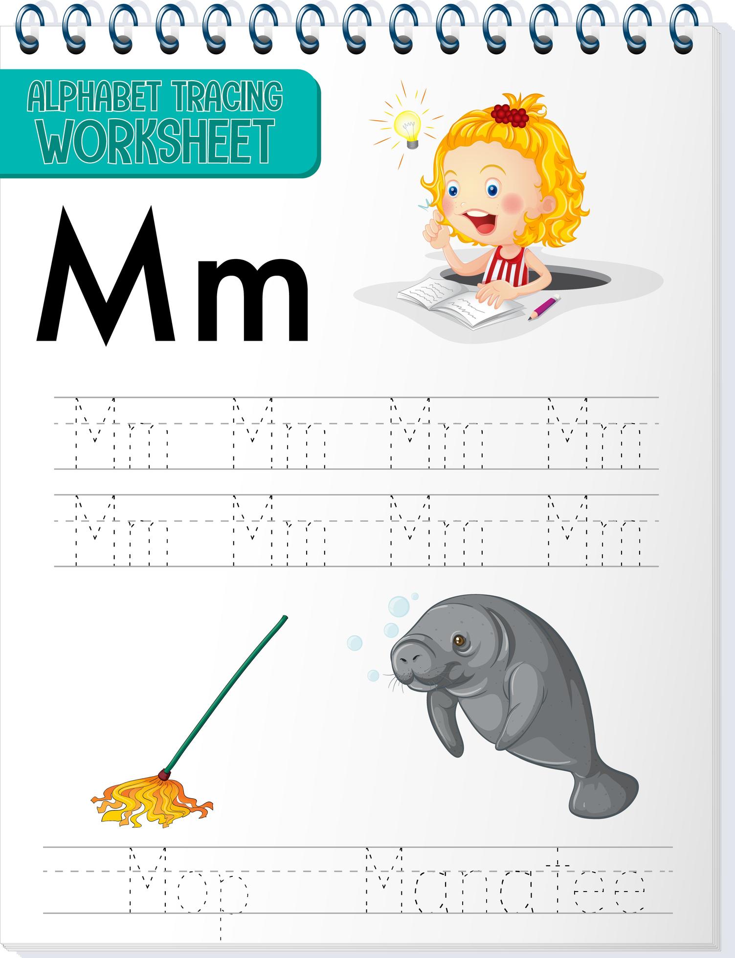 Alphabet tracing worksheet with letter and vocabulary 1783990 Vector ...