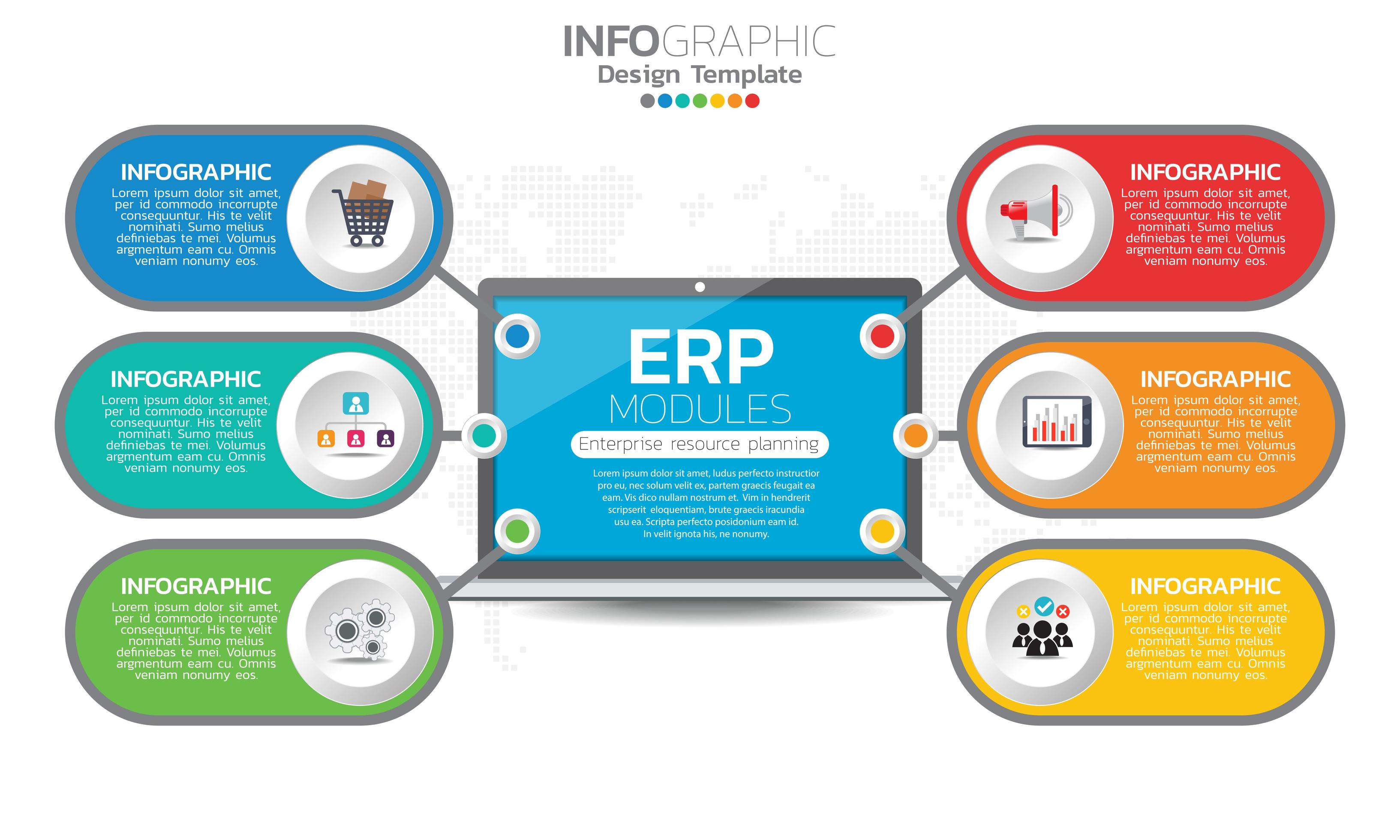 Infographic of enterprise resource planning ERP modules with diagram, chart and icon design ...