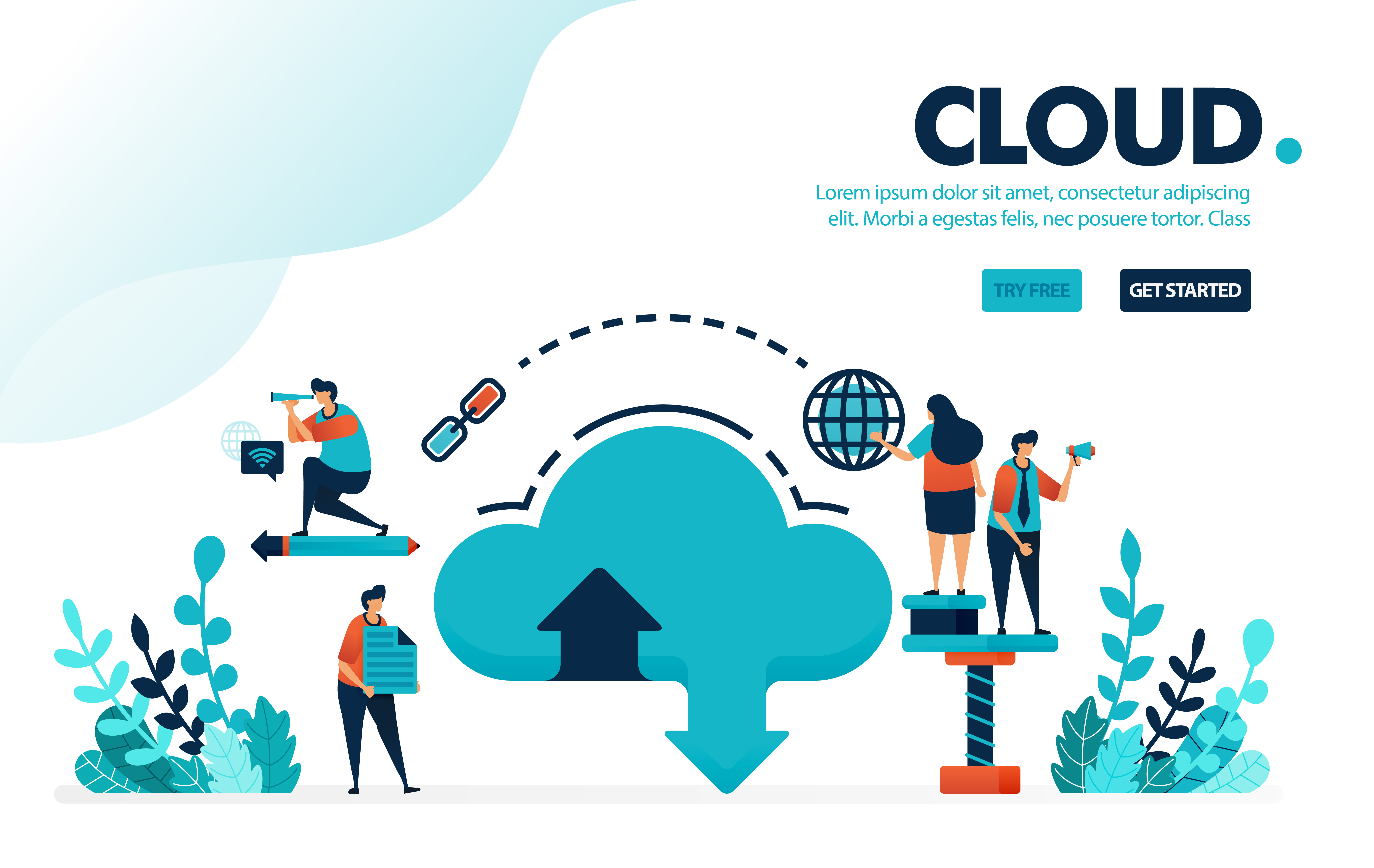 Vector illustration database and cloud. Internet download and upload to database system. Cloud ...