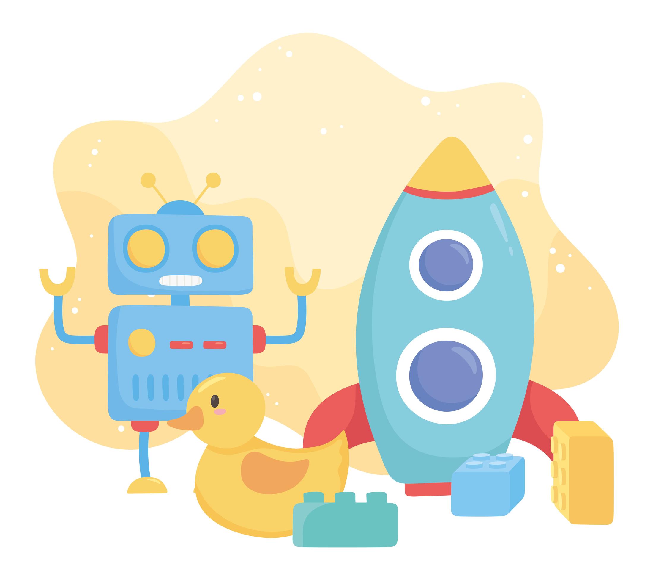 kids toys object amusing cartoon robot rocket duck and blocks 1836543 ...