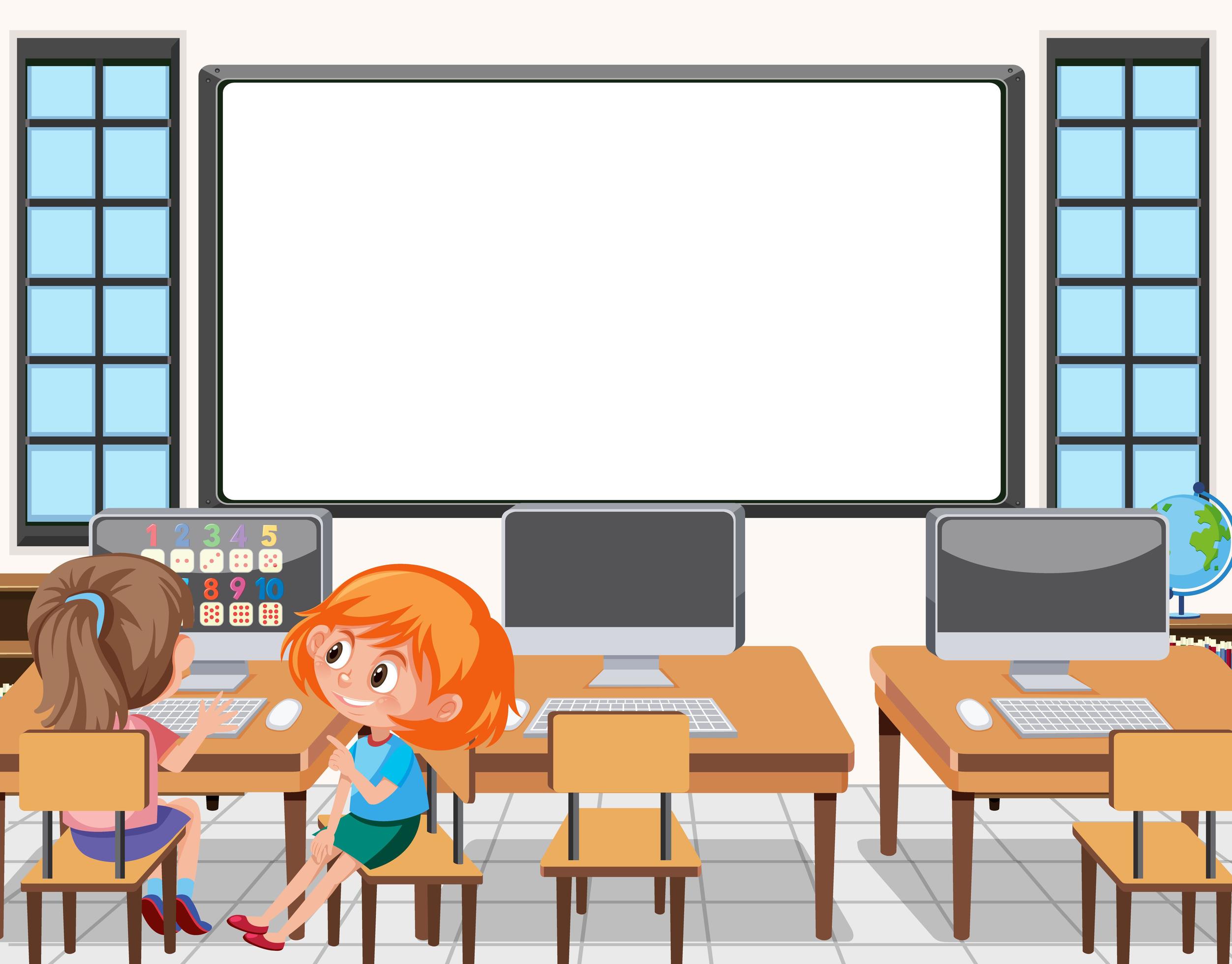 Young student using computer in the classroom scene 1846575 Vector Art ...