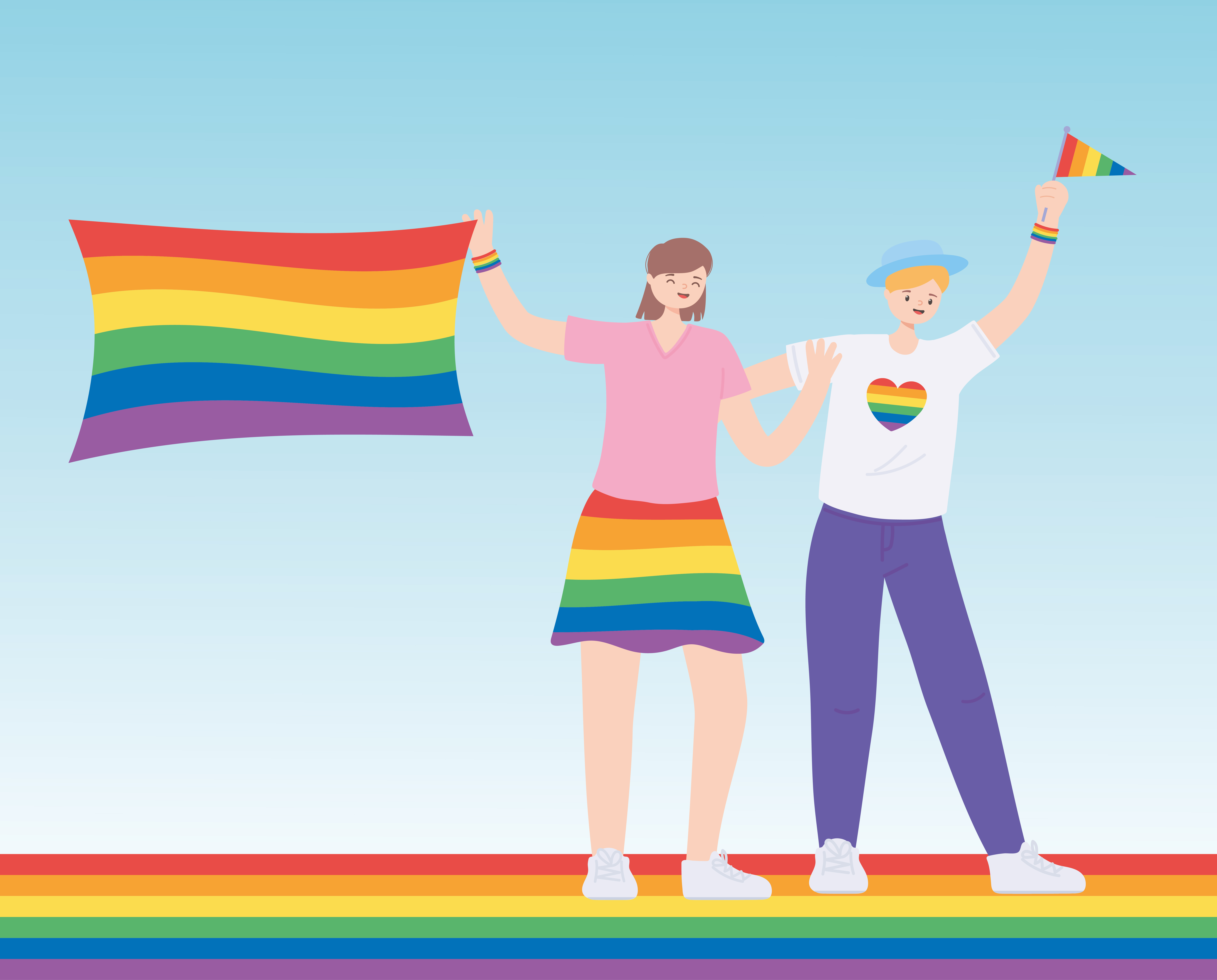 LGBTQ community, people with clothes and flags rainbow color, gay ...