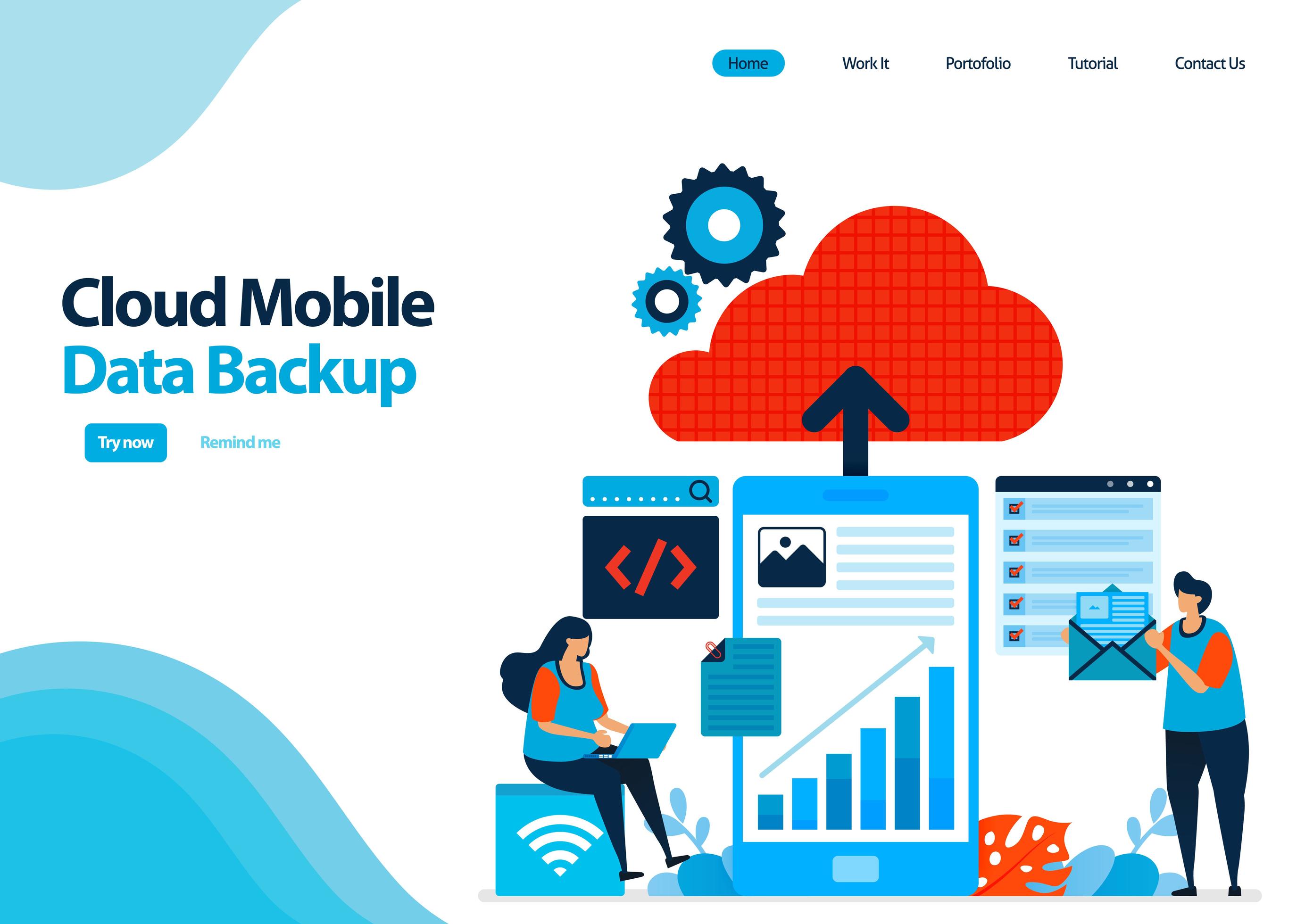 landing page template of backup mobile work data and personal documents to cloud computing ...