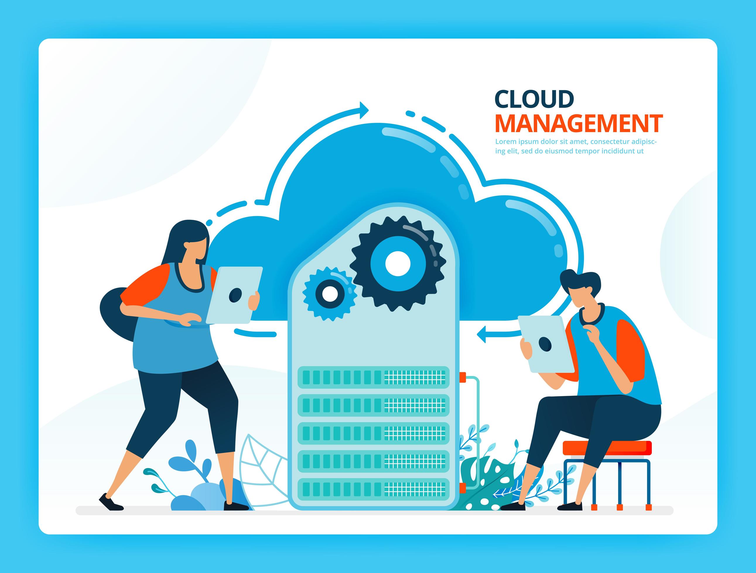 Vector illustration for database management and internet access. Human ...