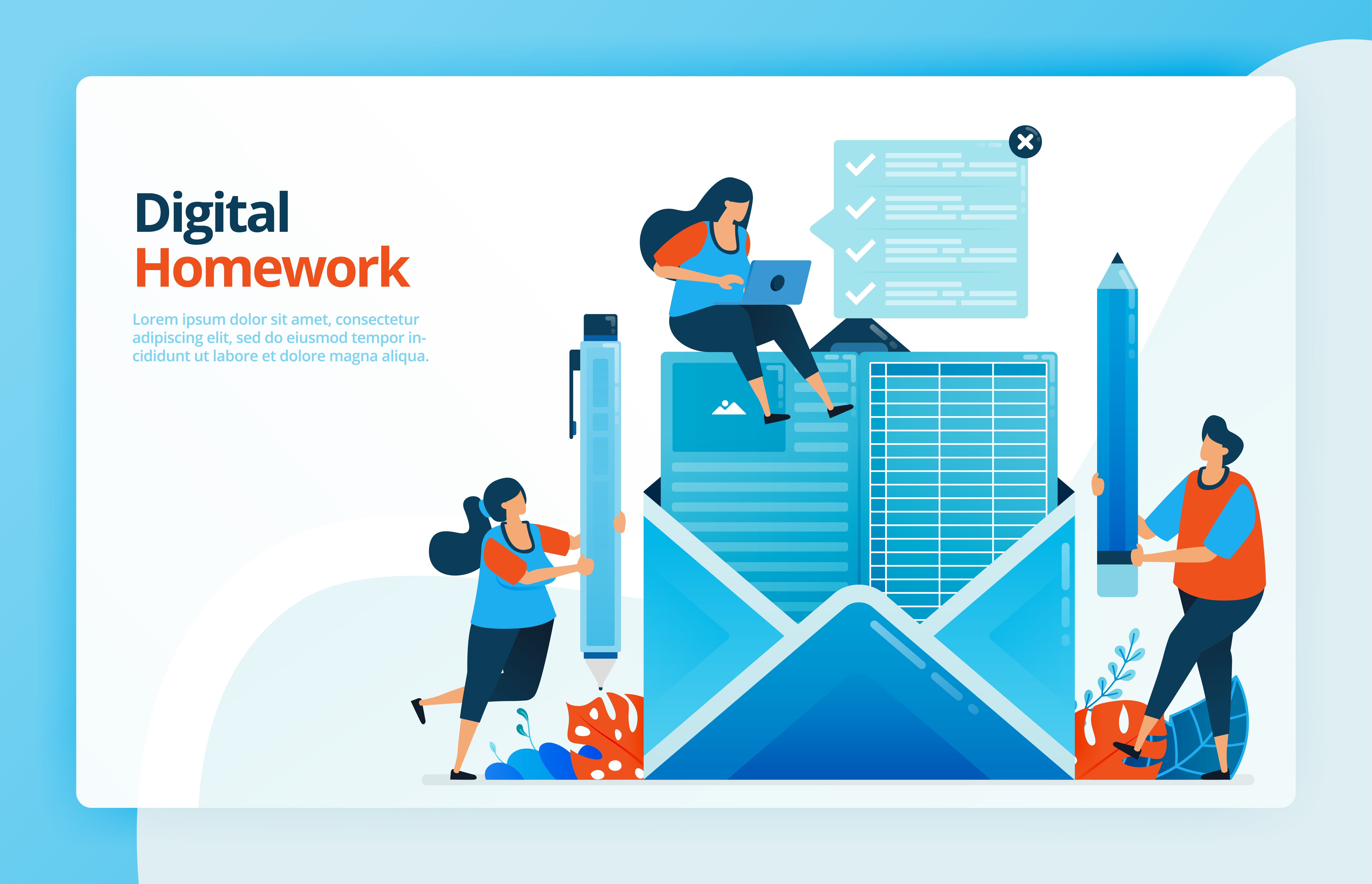 Vector illustration of people do digital homework via email, future of ...