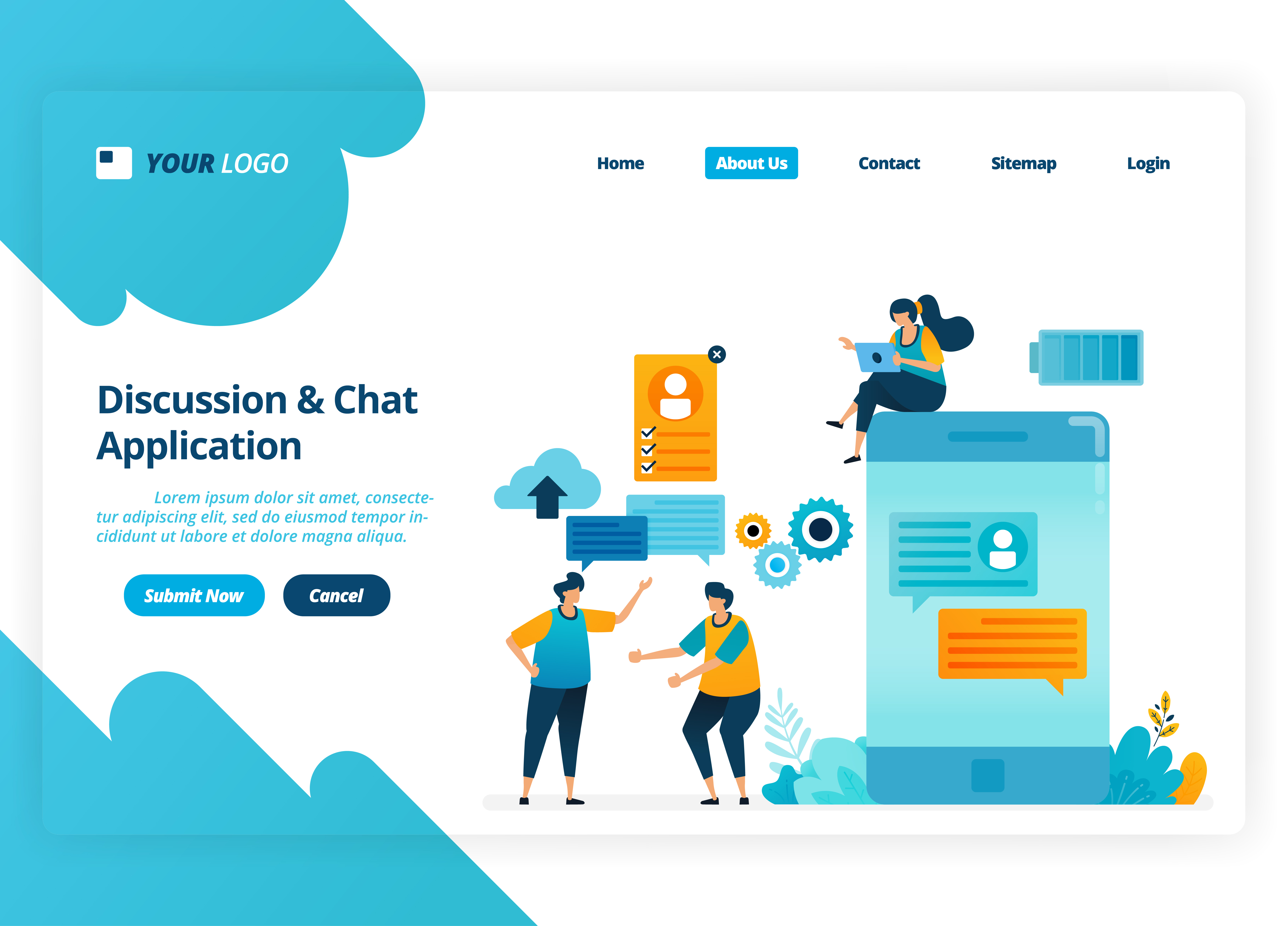 Vector landing page design of discussion and chat apps. Chatbot ...