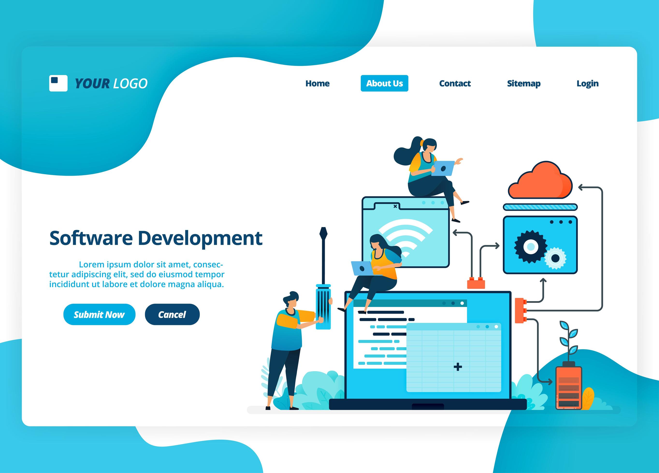 Vector landing page design of software development. Flowchart in planning and designing software ...