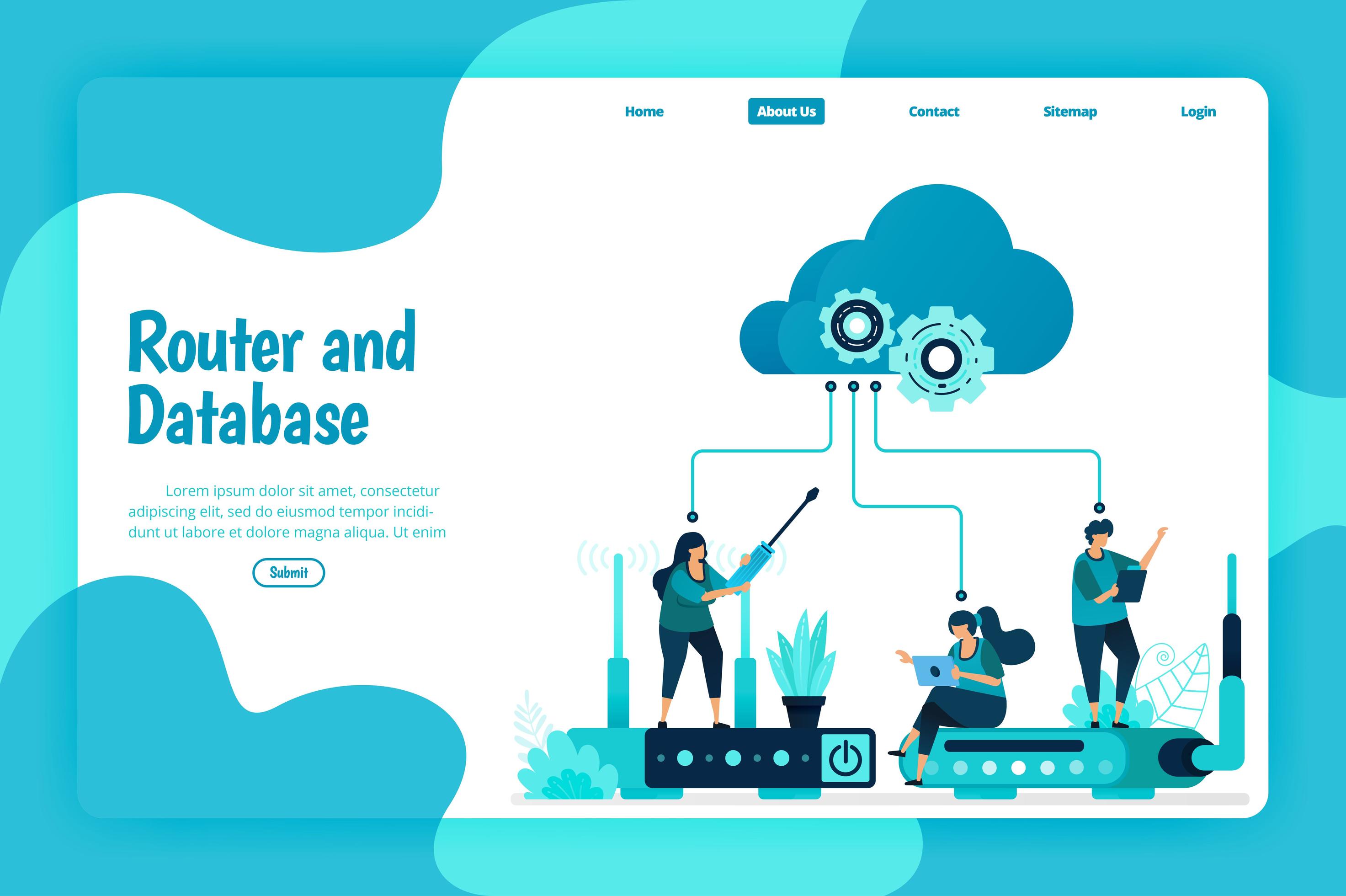 Landing page template of router and database service. Wifi network and ...