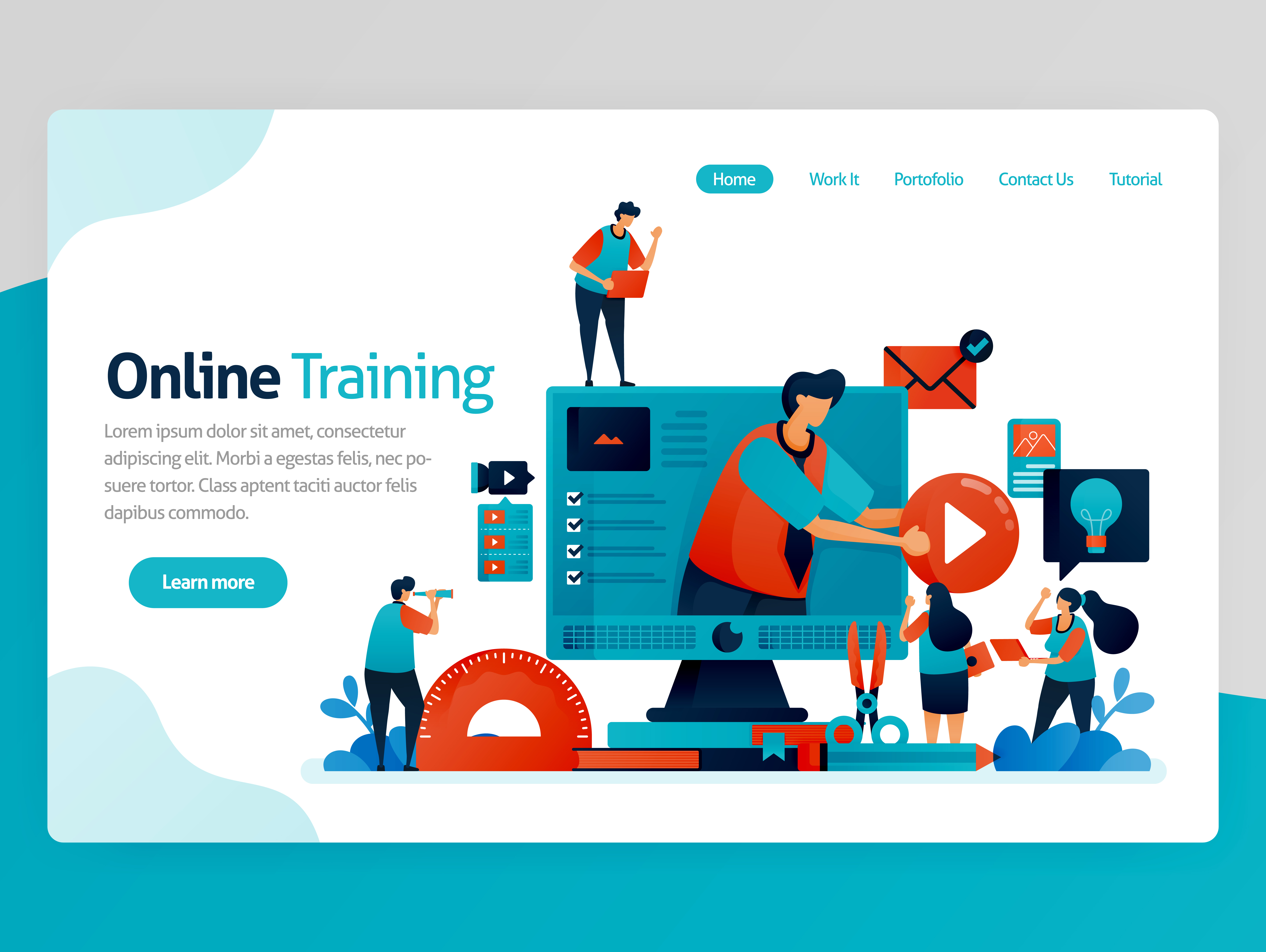 Vector illustration for online training landing page. Web and learning ...