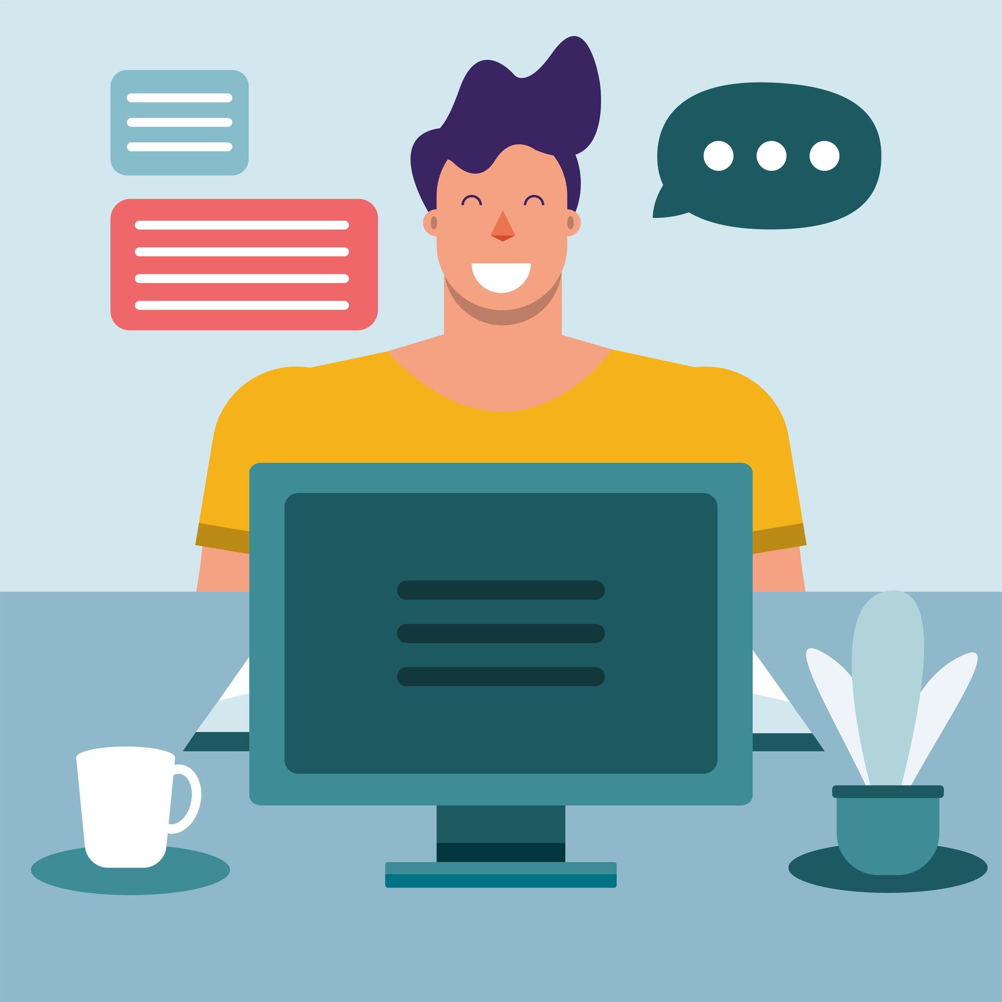 young man using desktop computer 1881303 Vector Art at Vecteezy