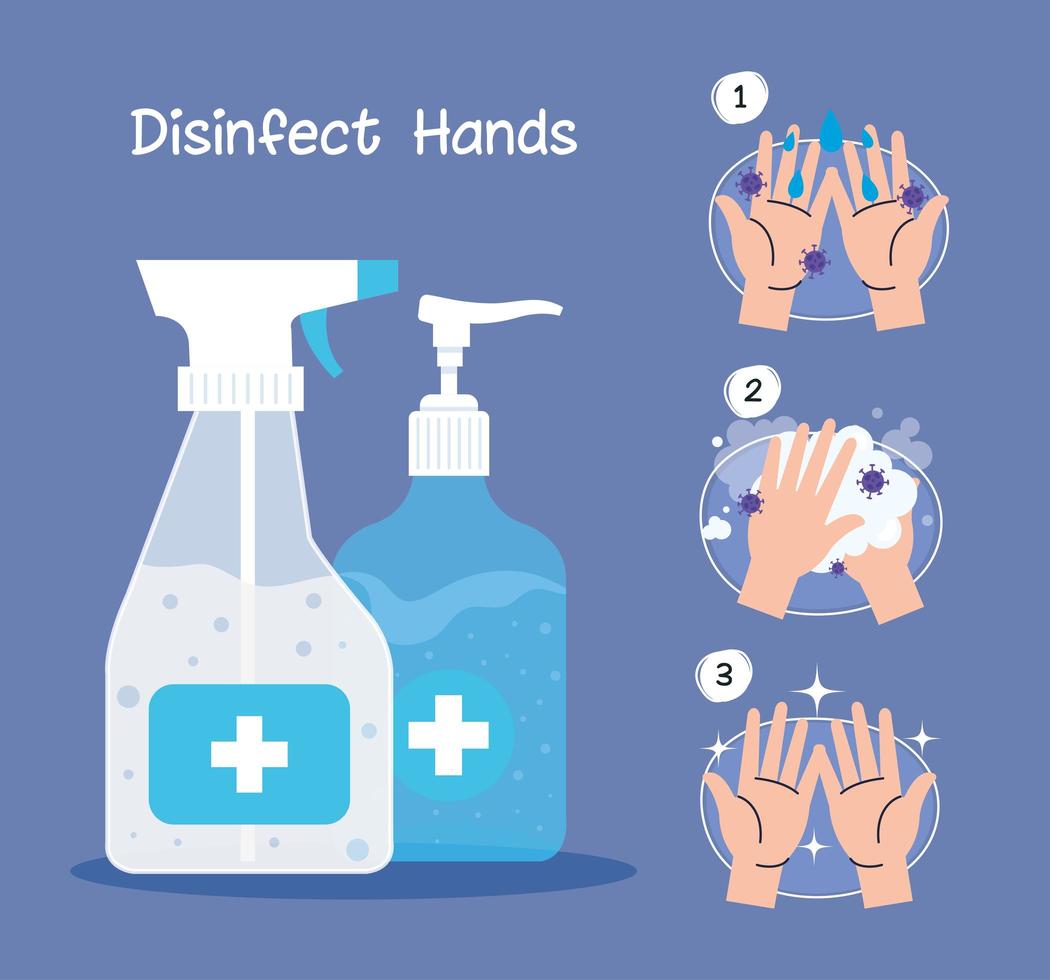 Hands Sanitizer Bottles And Hands Washing Steps Vector Design 1891120